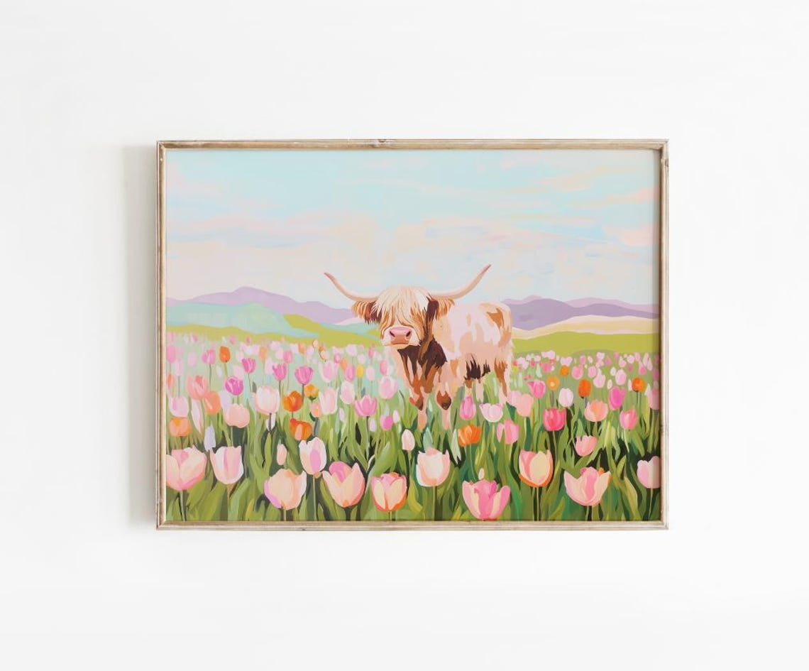 Highland Cow Print, Pink Print, Vintage Art, Spring Wall Art, Cow Lover ...