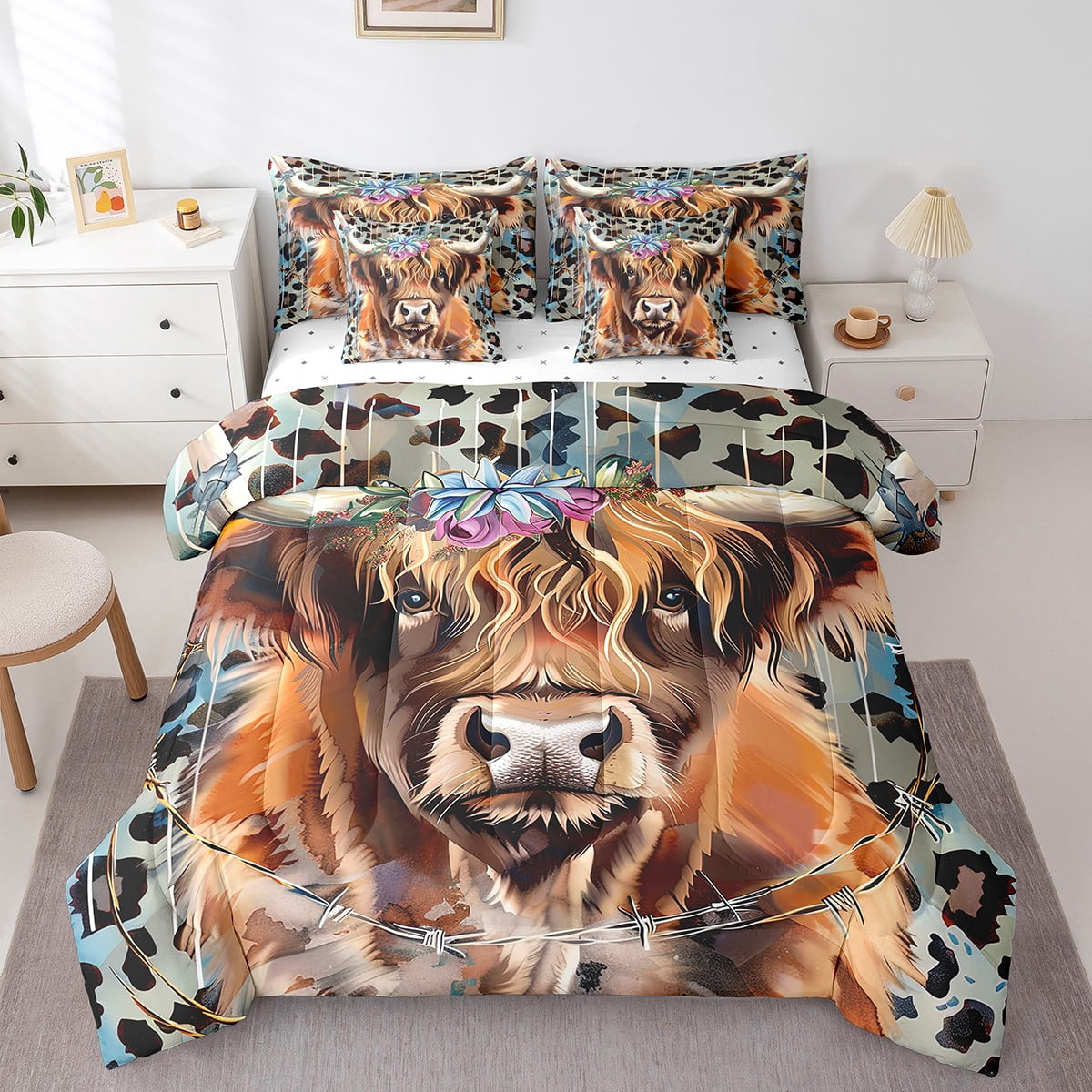 Highland Cow Queen Comforter Set 7 Pieces,Bed in a Bag Queen,Cheetah Print Bedding Set with ...