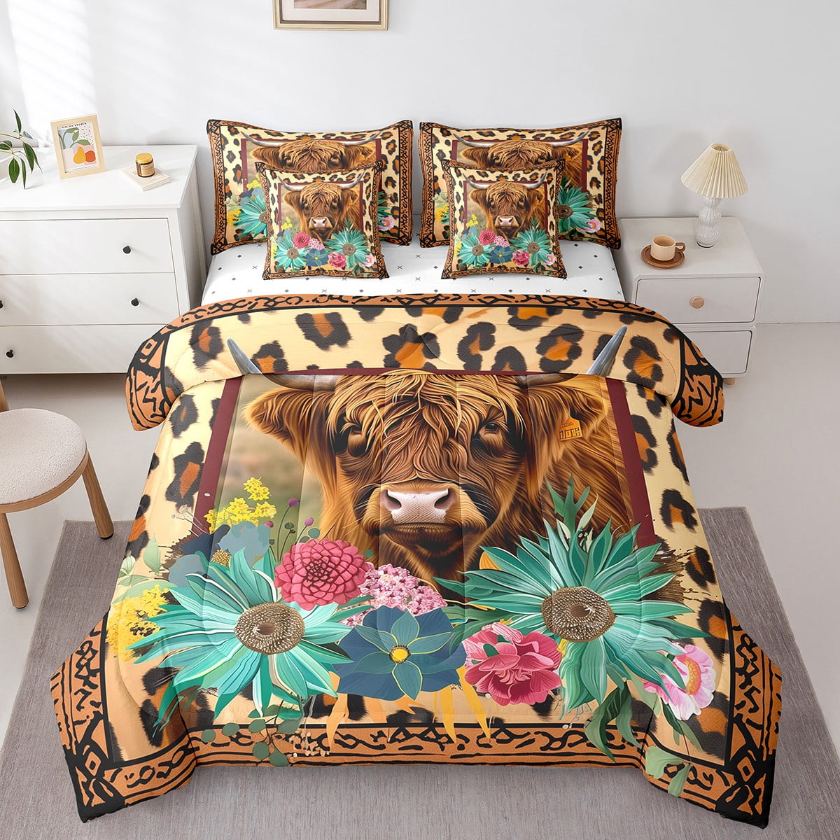 Highland Cow Queen Size Comforter Set - 7 Piece Flowers Bedding Comforter Set,Leopard Print ...