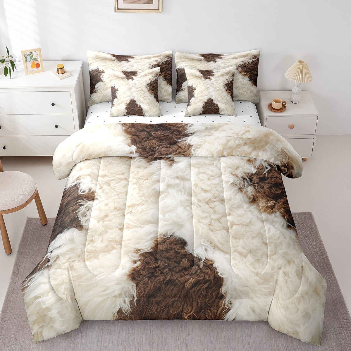 Highland Cow Queen Size Comforter Set,Brown Cowhide 7 Pieces Queen Bedding Set with Comforter ...