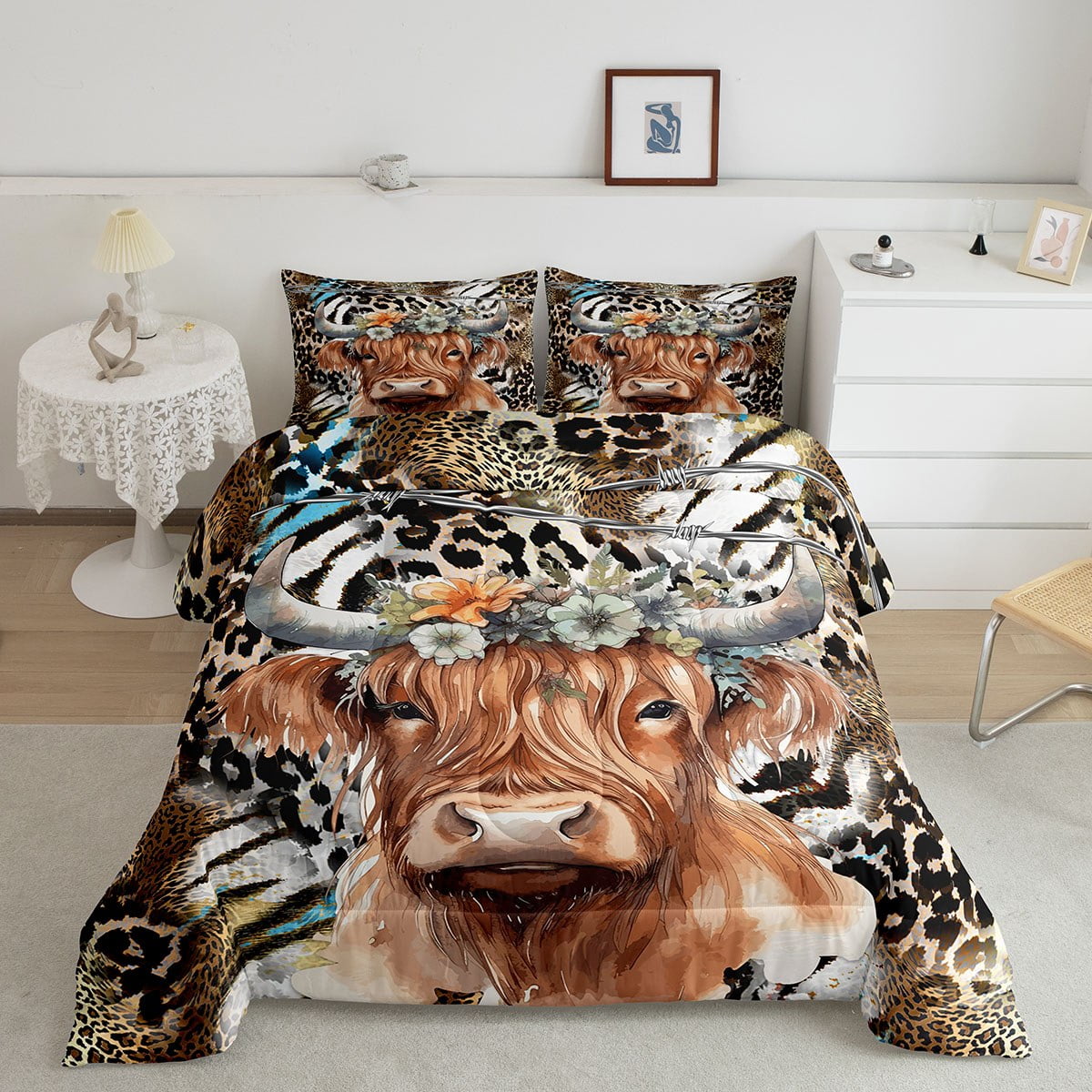 Highland Cow Queen Comforter Set Cowhide Leopard Print Bedding Set,Western Animals Quilt Cheetah ...