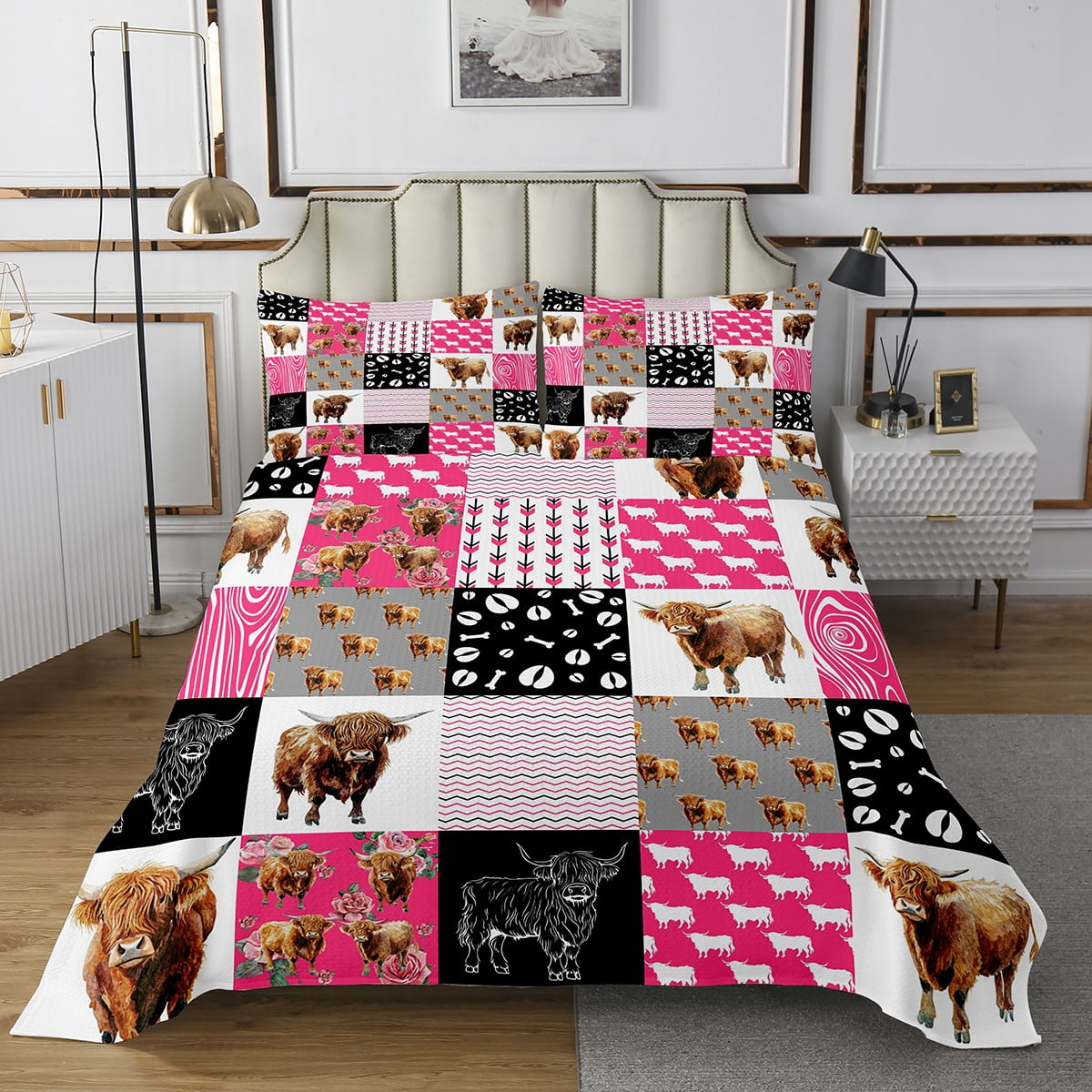 Highland Cow Quilt Set Farm Animals Bedspread Set Queen,Western Cowboy ...