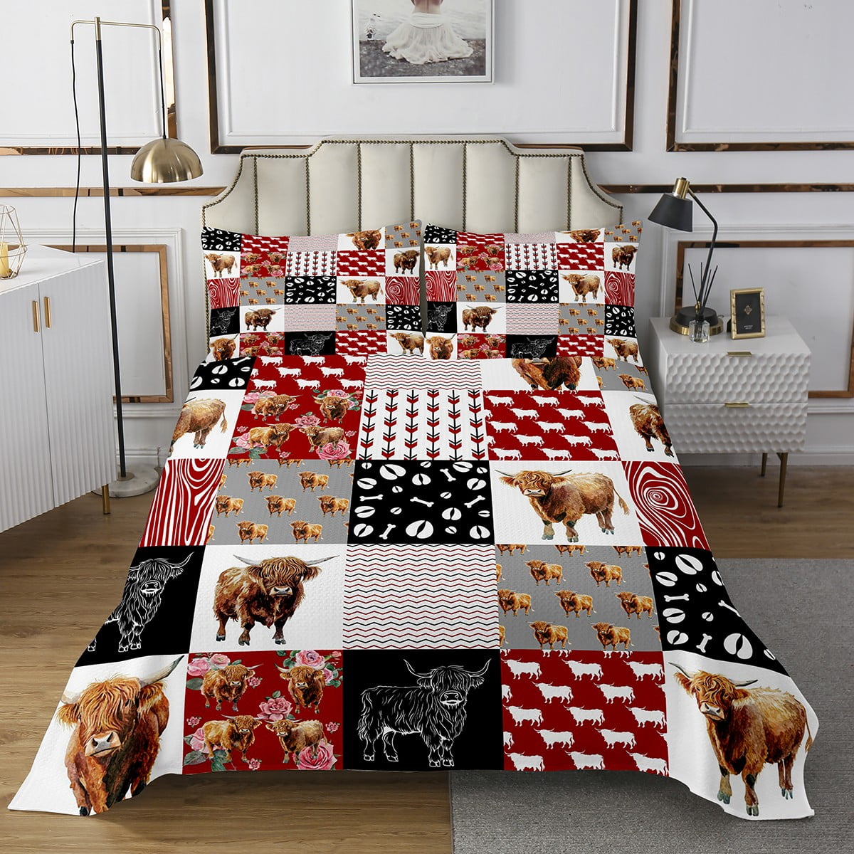 Highland Cow Quilt Set Farm Animals Bedspread Set Queen,Western Cowboy ...