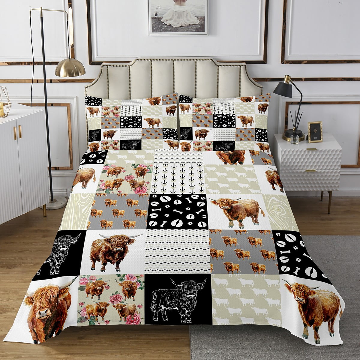 Highland Cow Quilt Set Western Animals Coverlet Set,Cowgirl Farm Longhorn Bull Cattle Bedspread ...