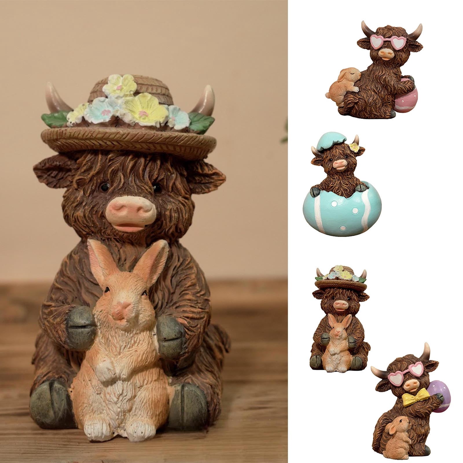 Highland Cow Resin Easter Decor, Farm Animal Statue for Festive Home ...