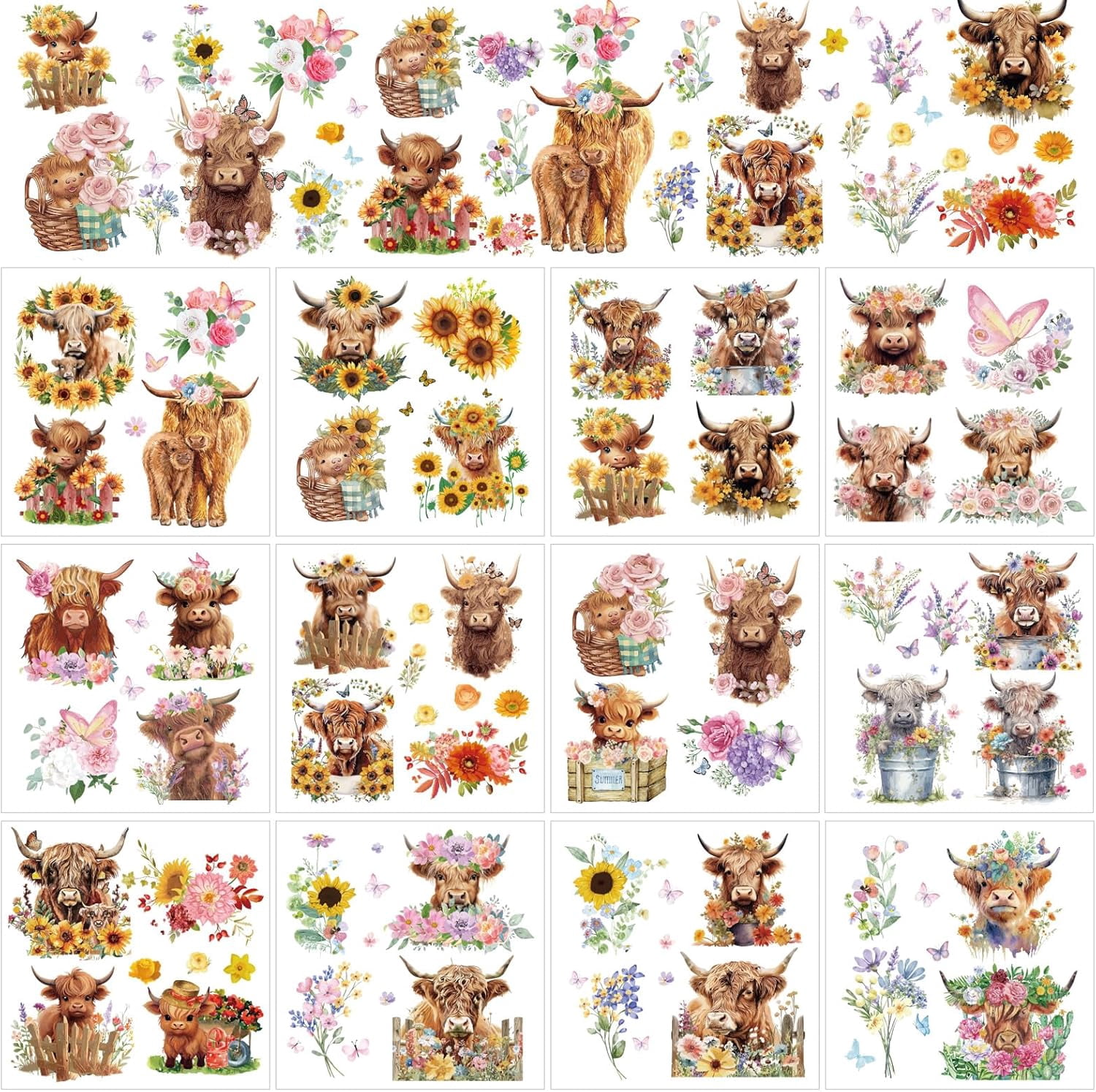 Highland Cow Rub on Transfers for Crafts - Wxiben 12 Sheets Floral ...