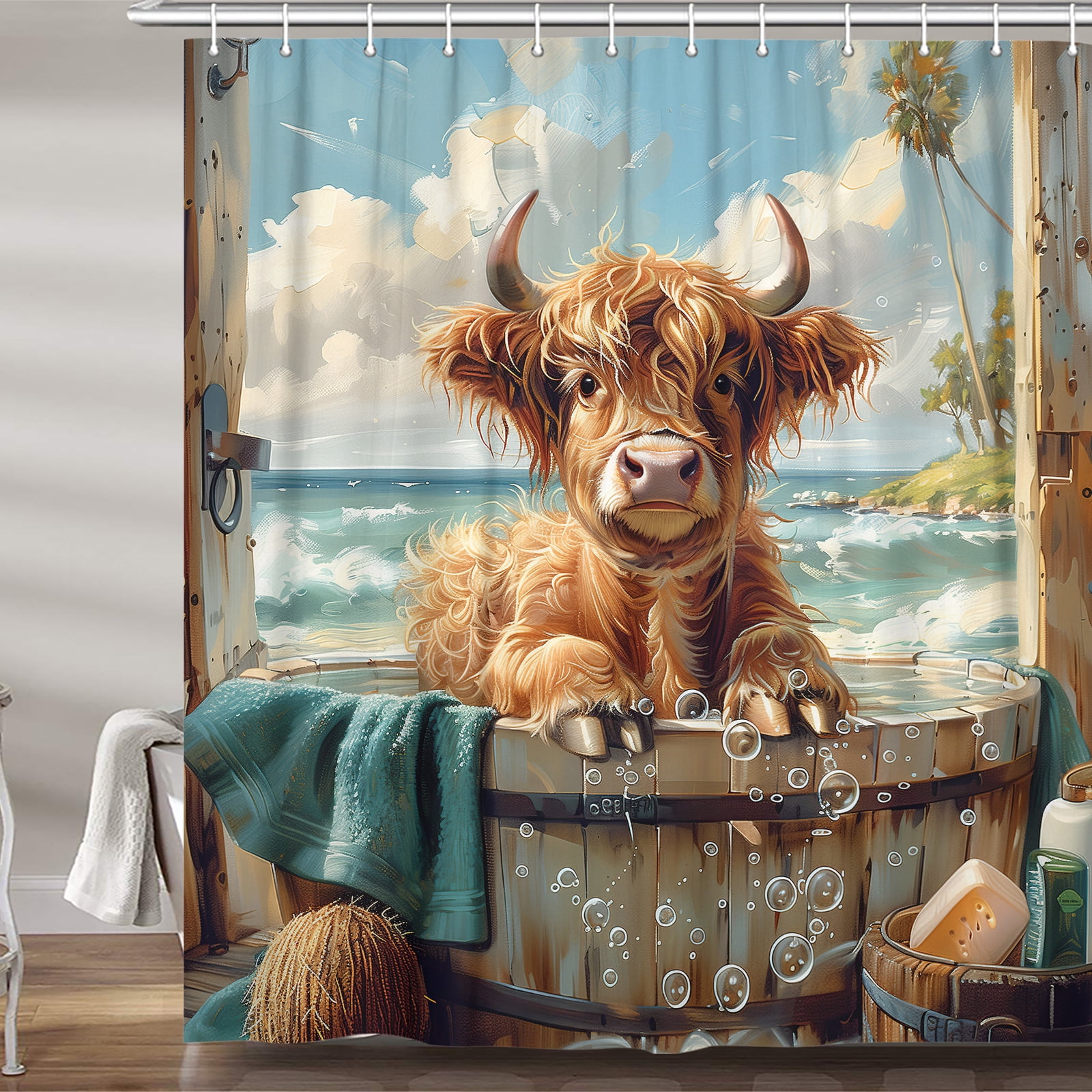 Highland Cow Shower Curtain, Cute Farmhouse Animal Cow Print Summer ...