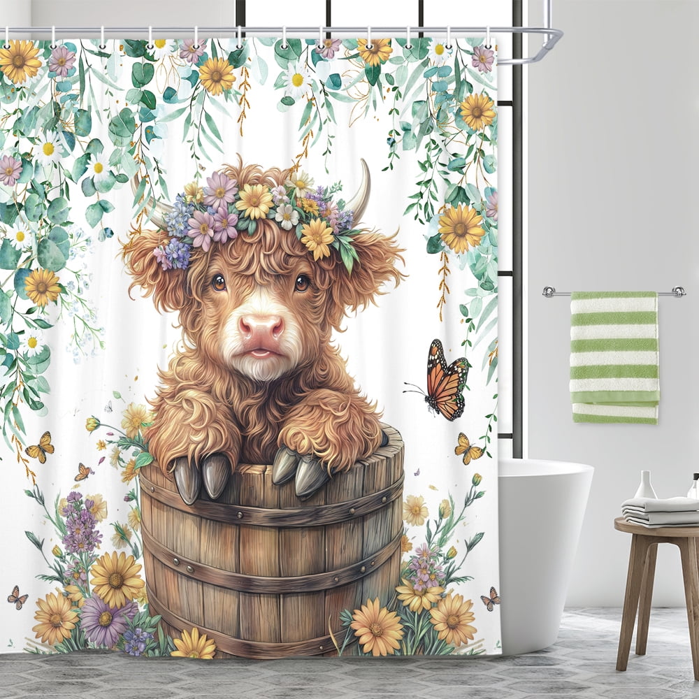 Highland Cow Shower Curtain, Green Sage Eucalyptus Floral Watercolor ...