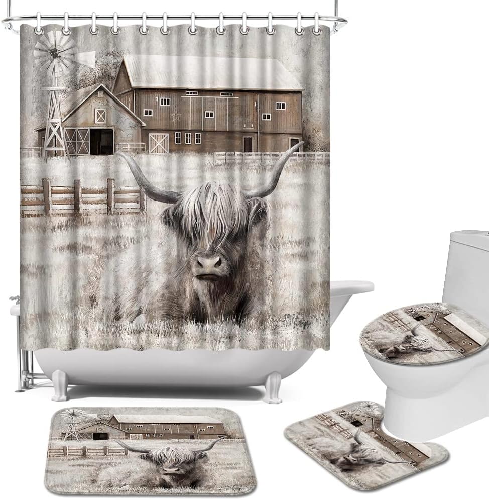 Highland Cow Shower Curtain Set Rustic Shower Curtain Farmhouse ...