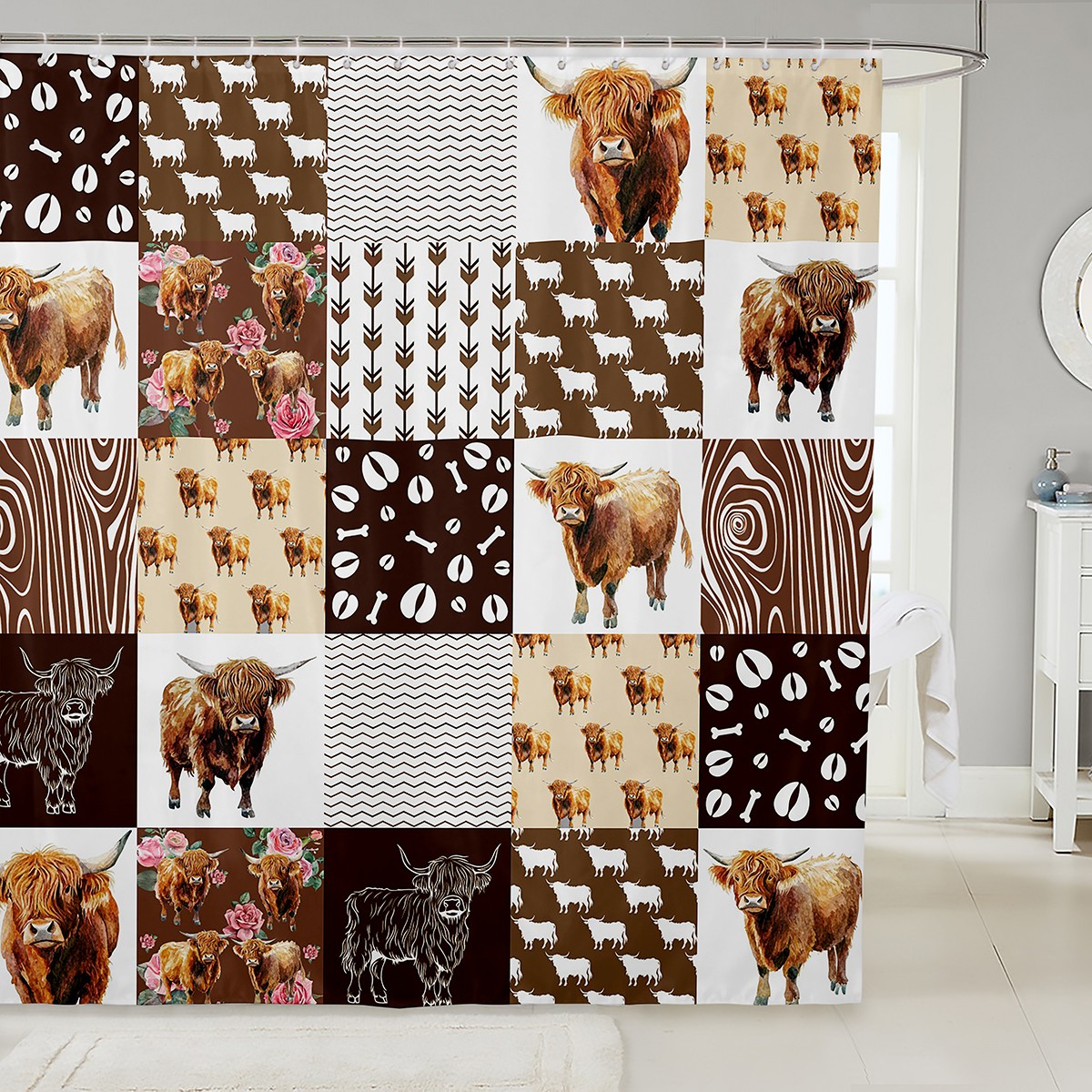 Highland Cow Shower Curtain Set Western Animals Cowgirl Farm Longhorn ...