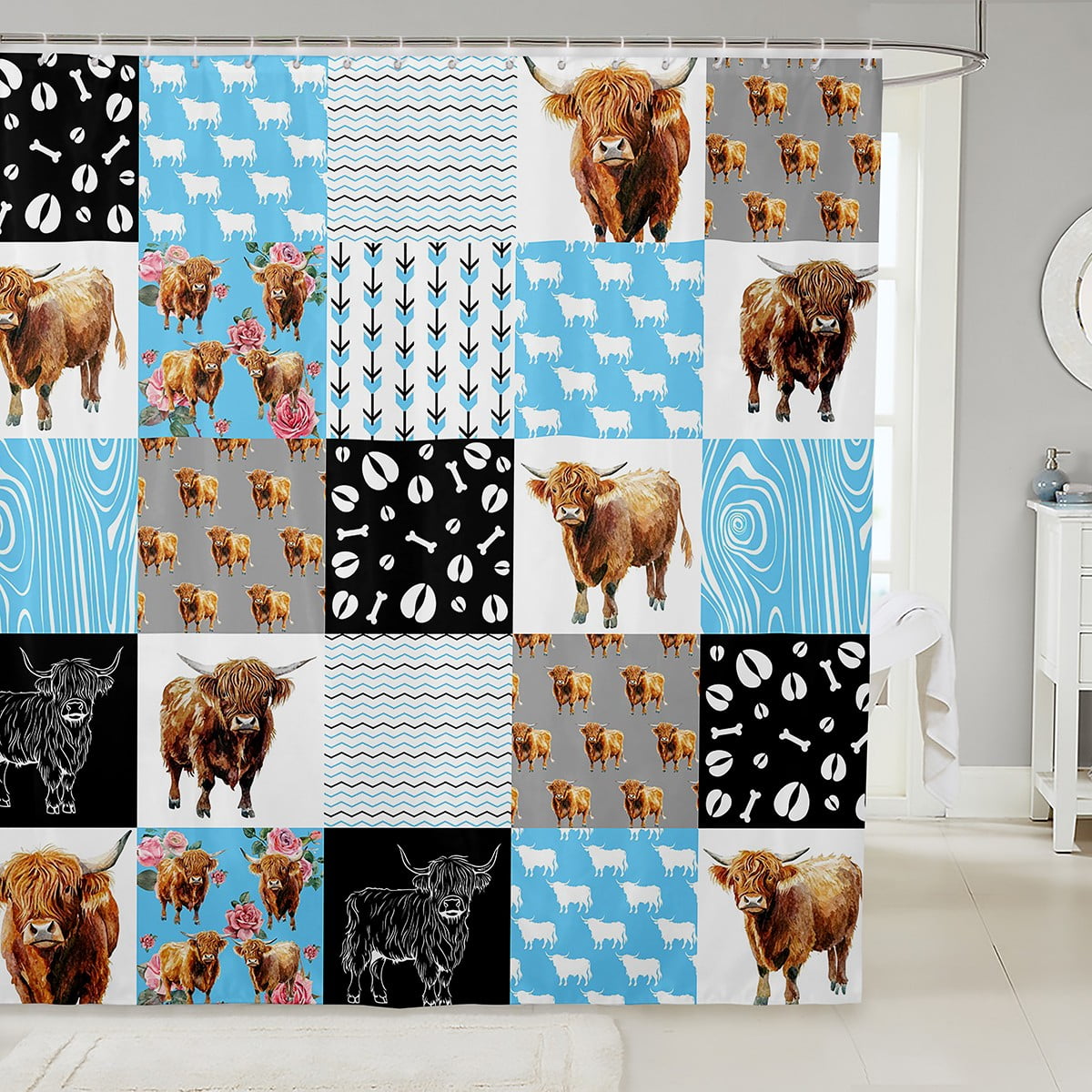 Highland Cow Shower Curtain Set Western Animals Cowgirl Farm Longhorn ...