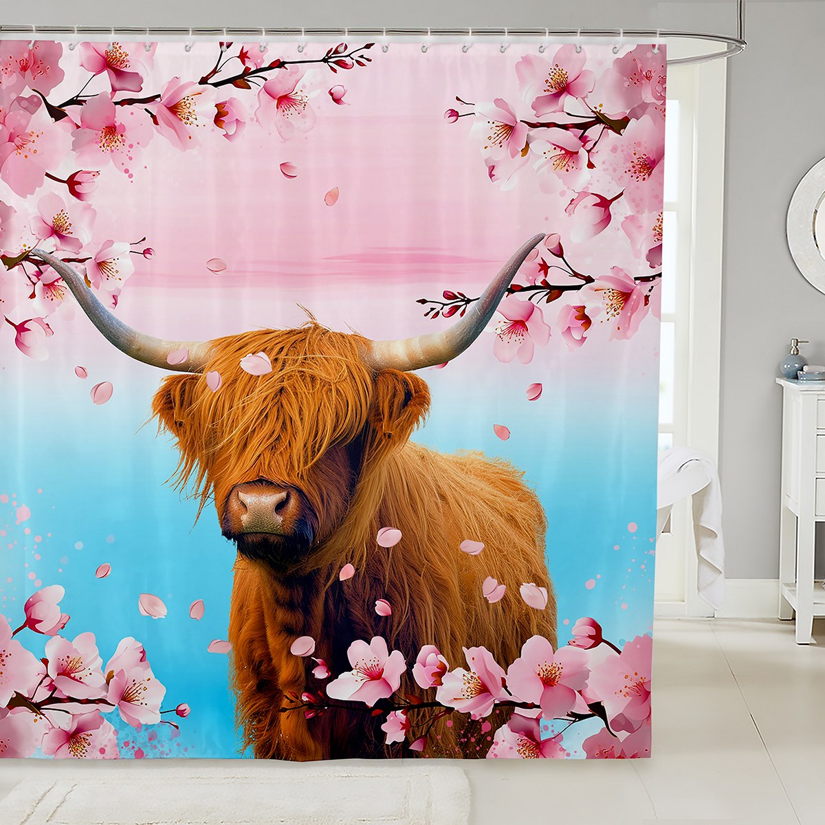 Highland Cow Shower Curtain Farm Animals Bath Curtain,Cherry Blossom ...