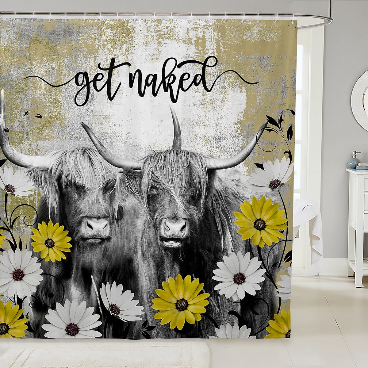 Highland Cow Shower Curtain Western Farmhouse Decor, Bull Cattle Shower ...