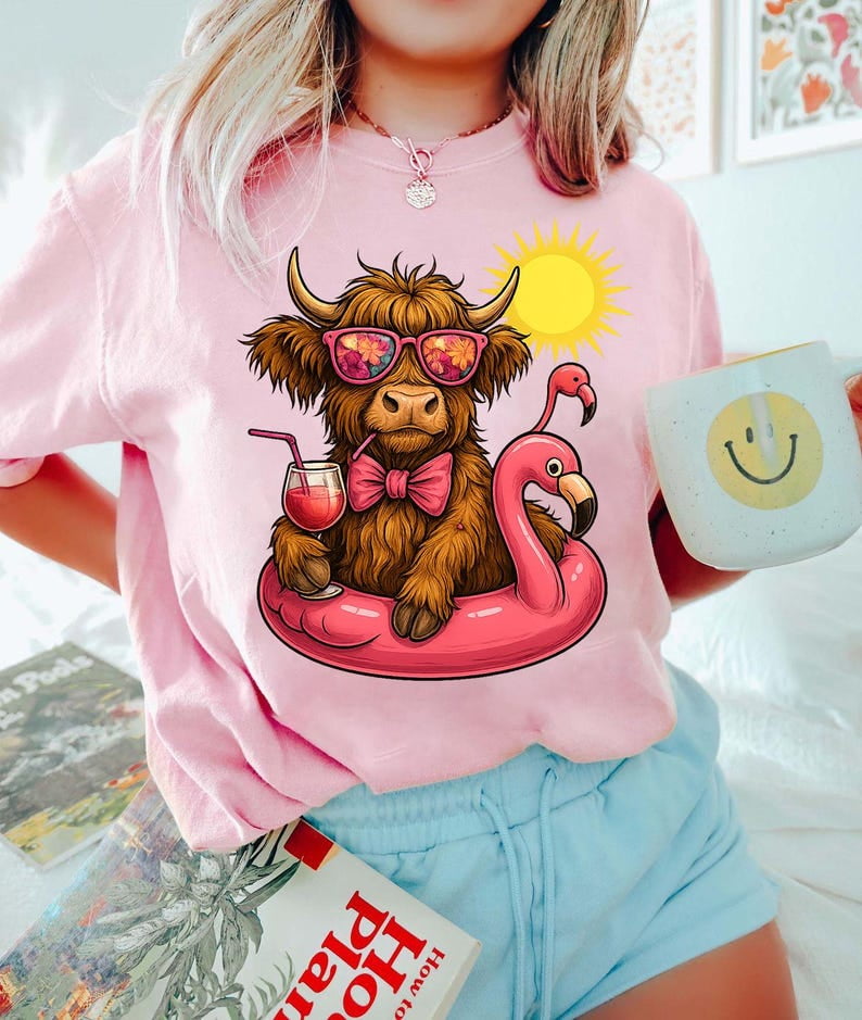 Highland Cow Summer Vibes Shirt, Retro Beach Graphic Tee, Funny Summer ...
