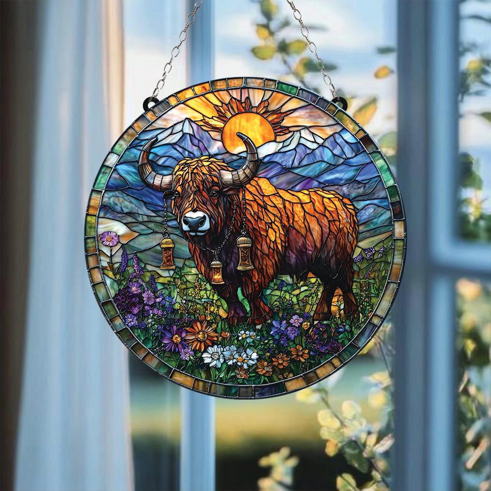 Highland Cow Suncatcher, Acrylic Window Hanging with Sunset Sky and ...