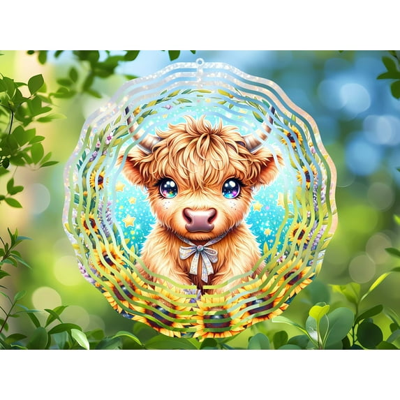 Highland Cow Sunflower 3D Wind Spinner Stainless Steel Farm Animal Art ...