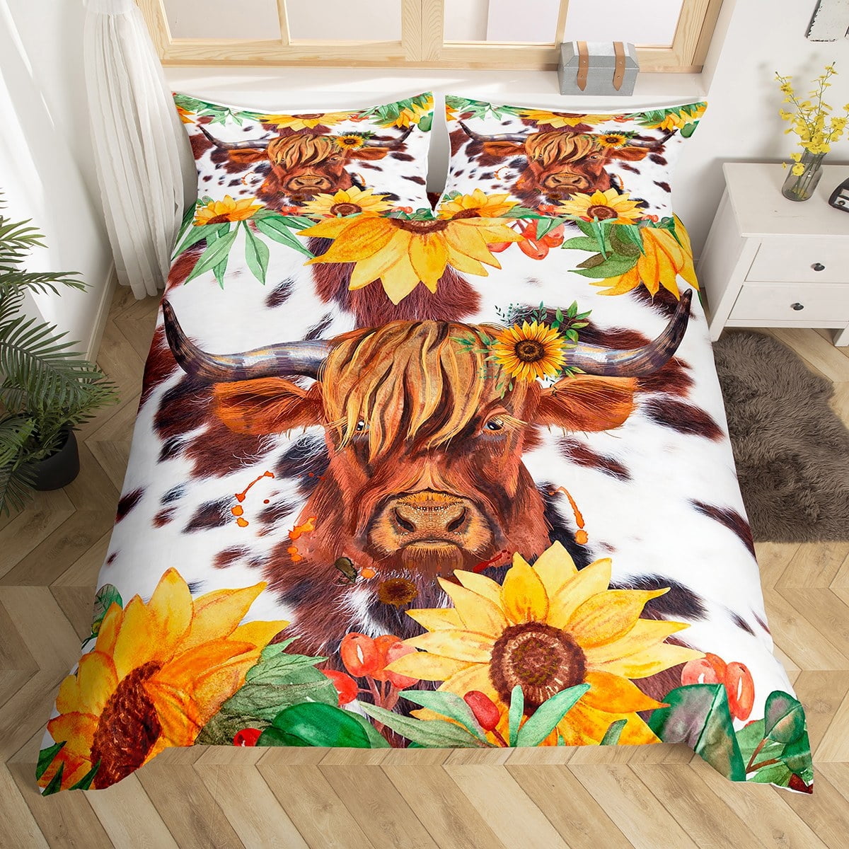 Highland Cow Sunflower Bedding Set Queen Adult Cow Print Duvet Cover Kids Cowhide Cow Print ...