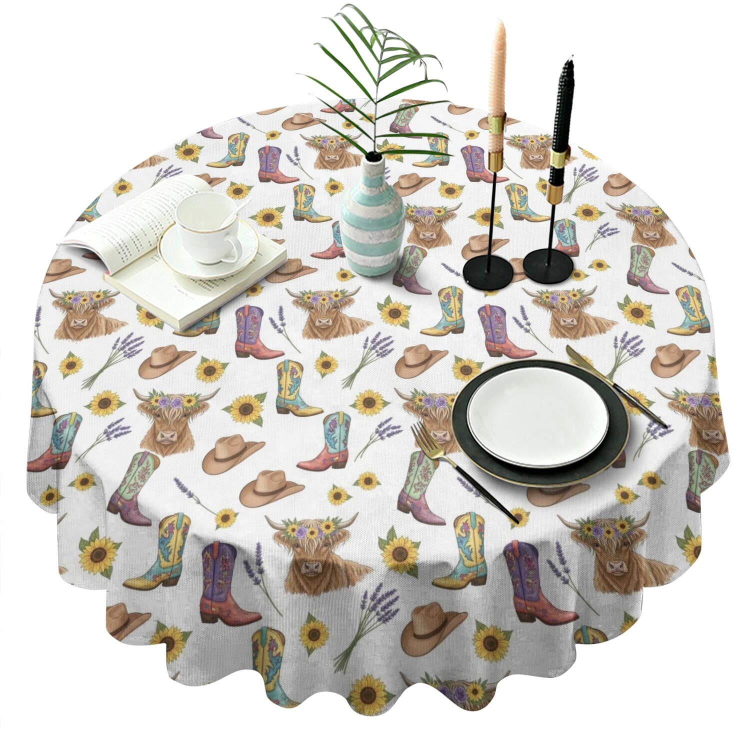 Highland Cow Sunflower Boot Hat Pattern Round Tablecloth 60"x60 ...