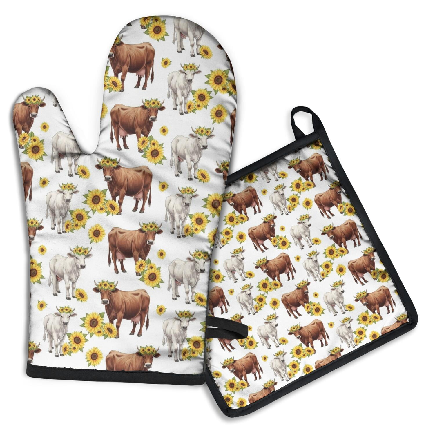 Highland Cow Sunflower Cow Pattern Kitchen Oven Mitt and Pot Holder ...