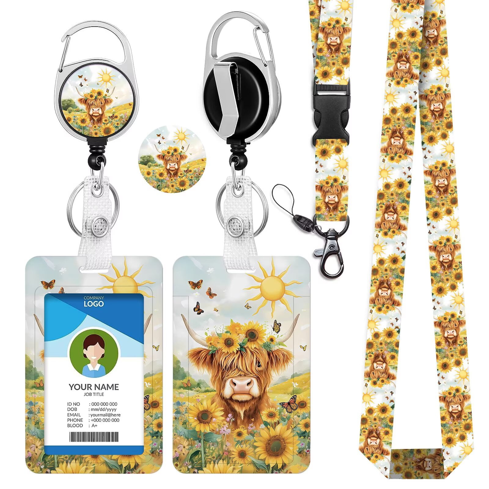 Highland Cow Sunflower Lanyards for ID Badges, Cute Floral ID Badge ...