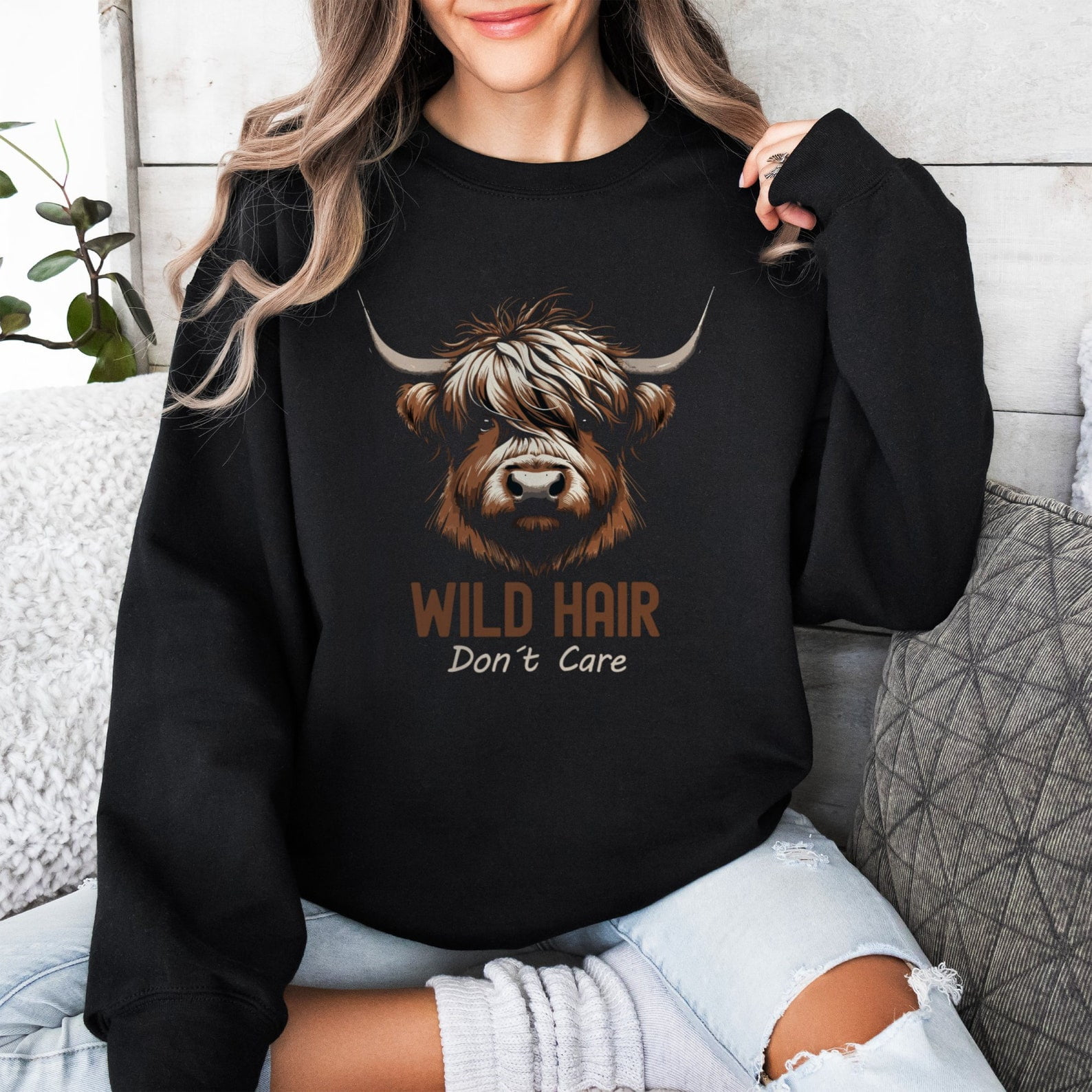 Highland Cow Sweatshirt Wild Hair Dont Care Farm Life Design Cozy ...