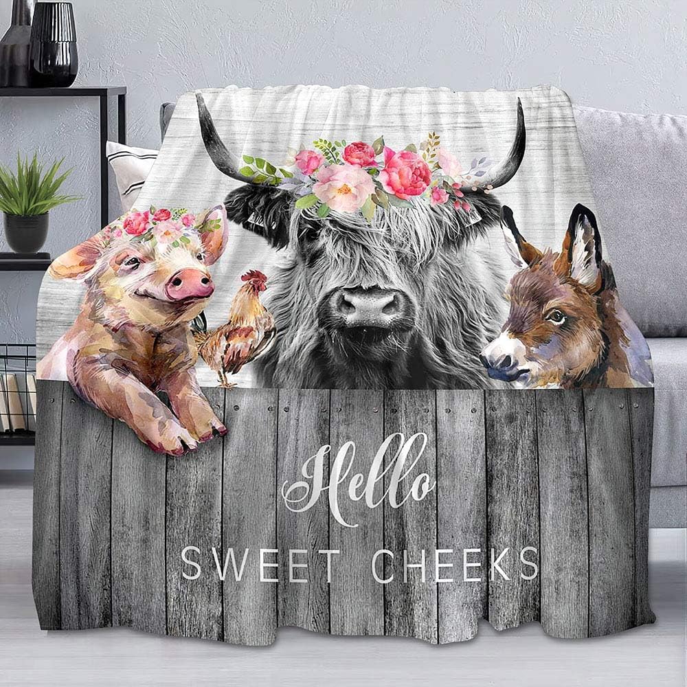 Highland Cow Throw Blanket, Rustic Farmhouse Farm Animal Pink Floral ...