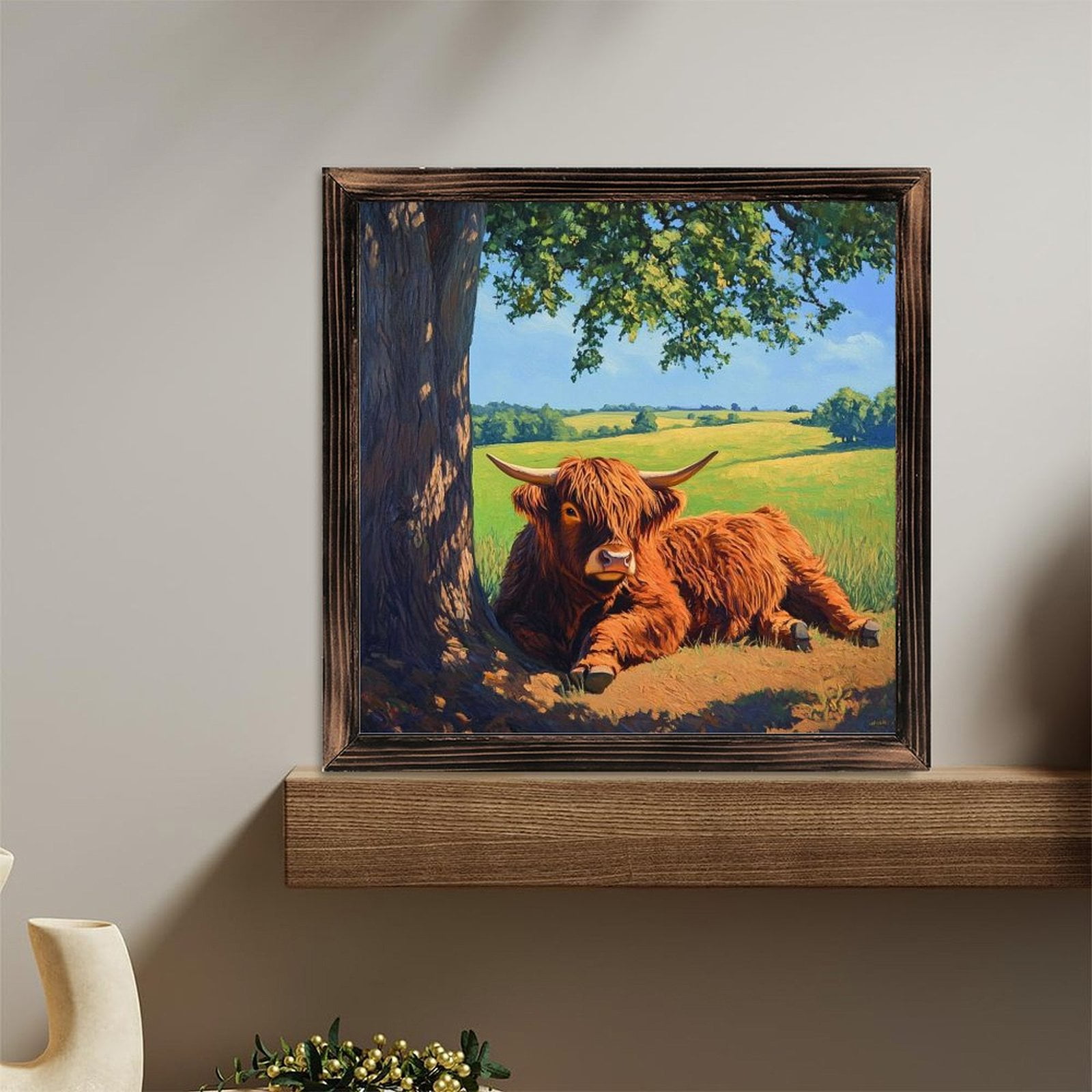 Highland Cow Under Tree Sunny Field Wooden Sign Wall Plaque - Vintage ...