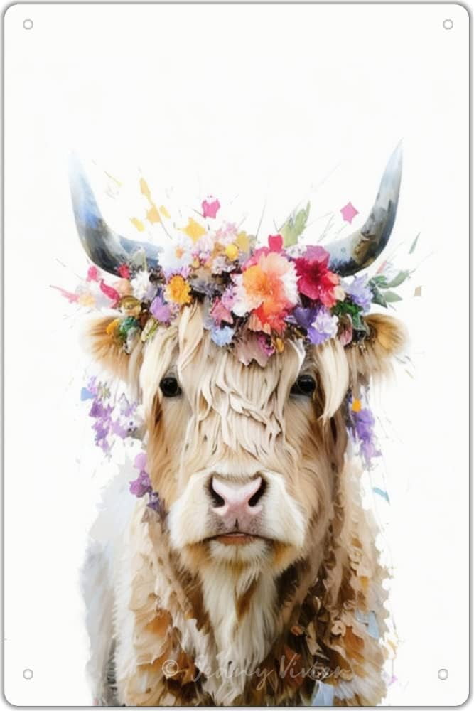 Highland Cow Unique Tin Sign Floral Cow Wall Decor Country Farmhouse ...