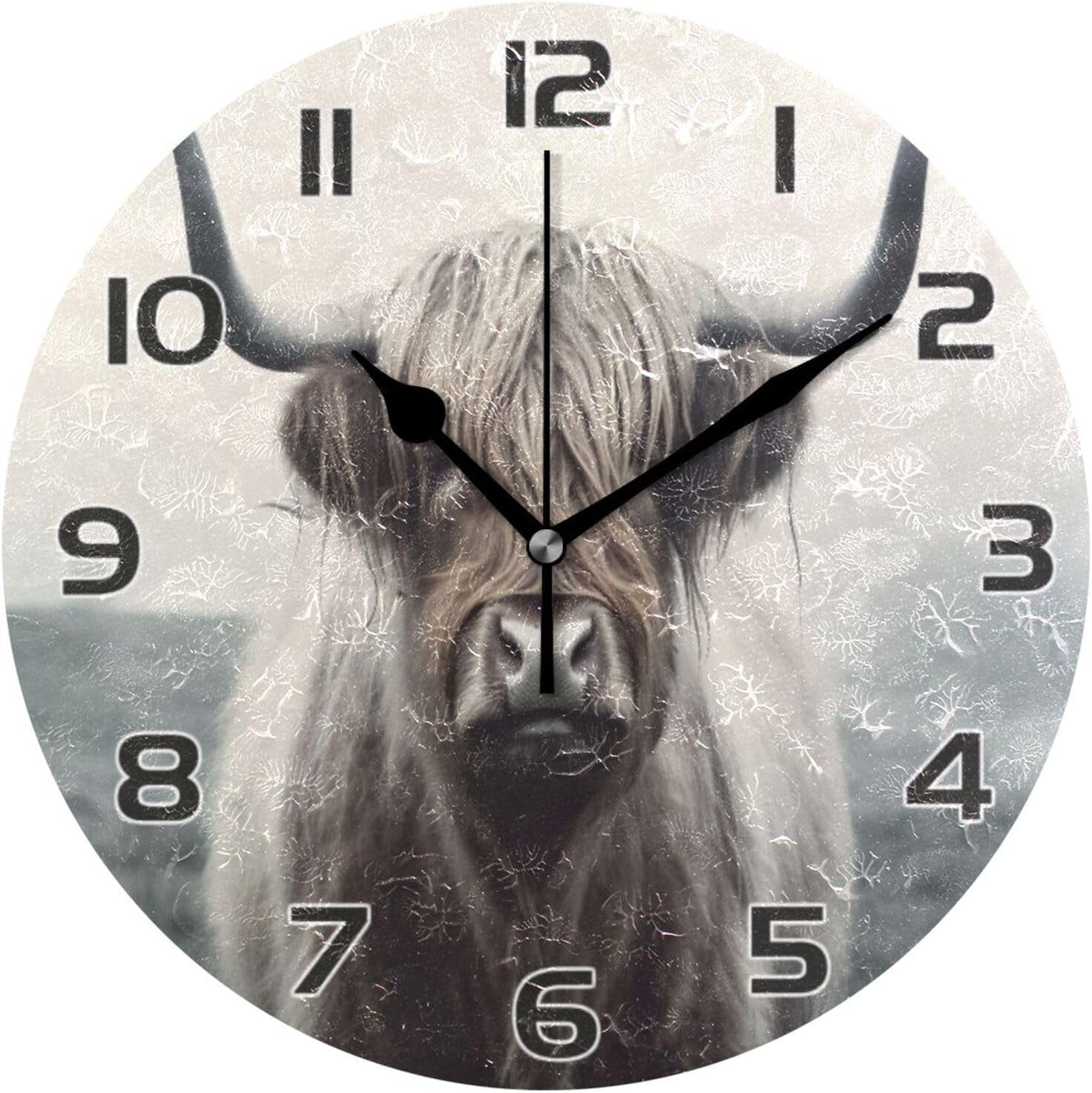 Highland Cow Wall Clock Round Vintage Silent Non Ticking Battery ...