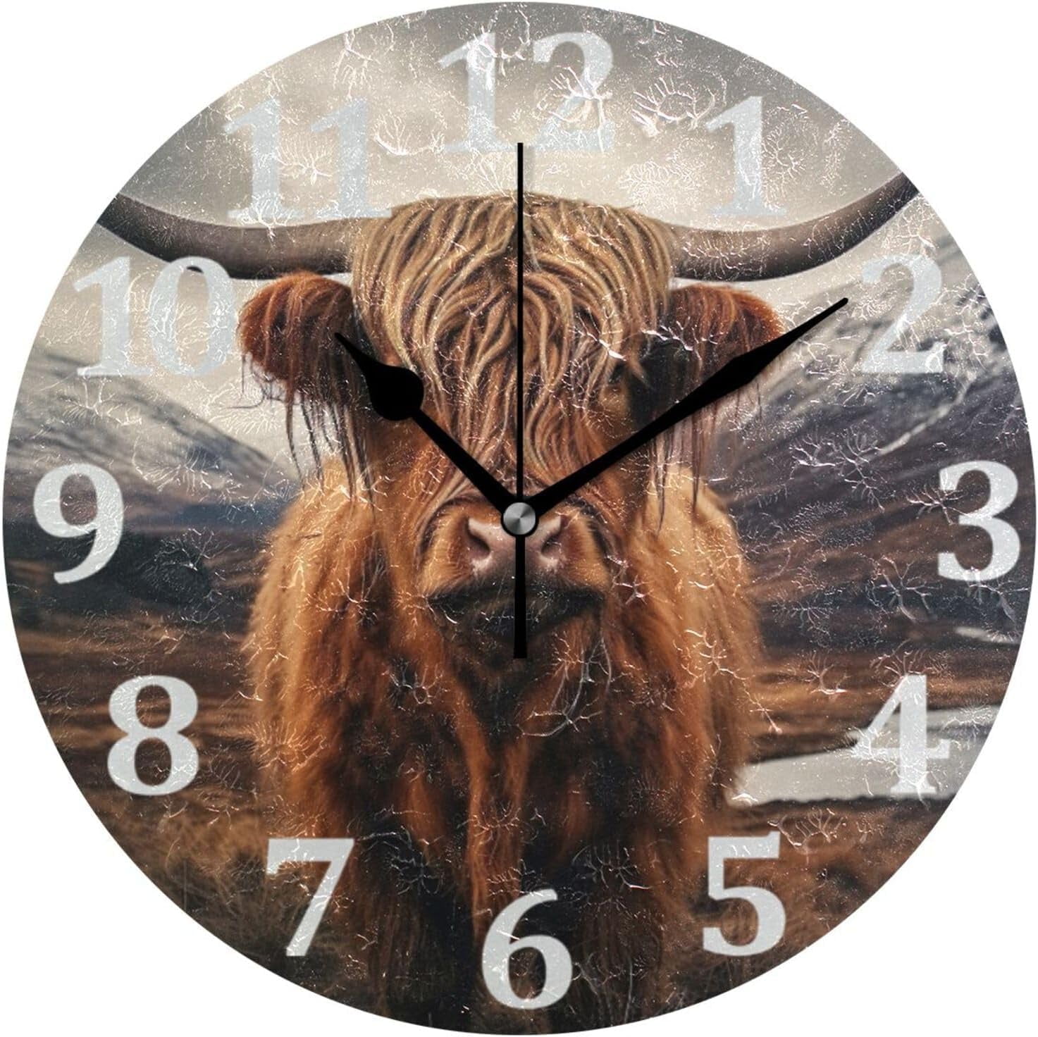 Highland Cow Wall Clock Round Vintage Silent Non Ticking Battery ...