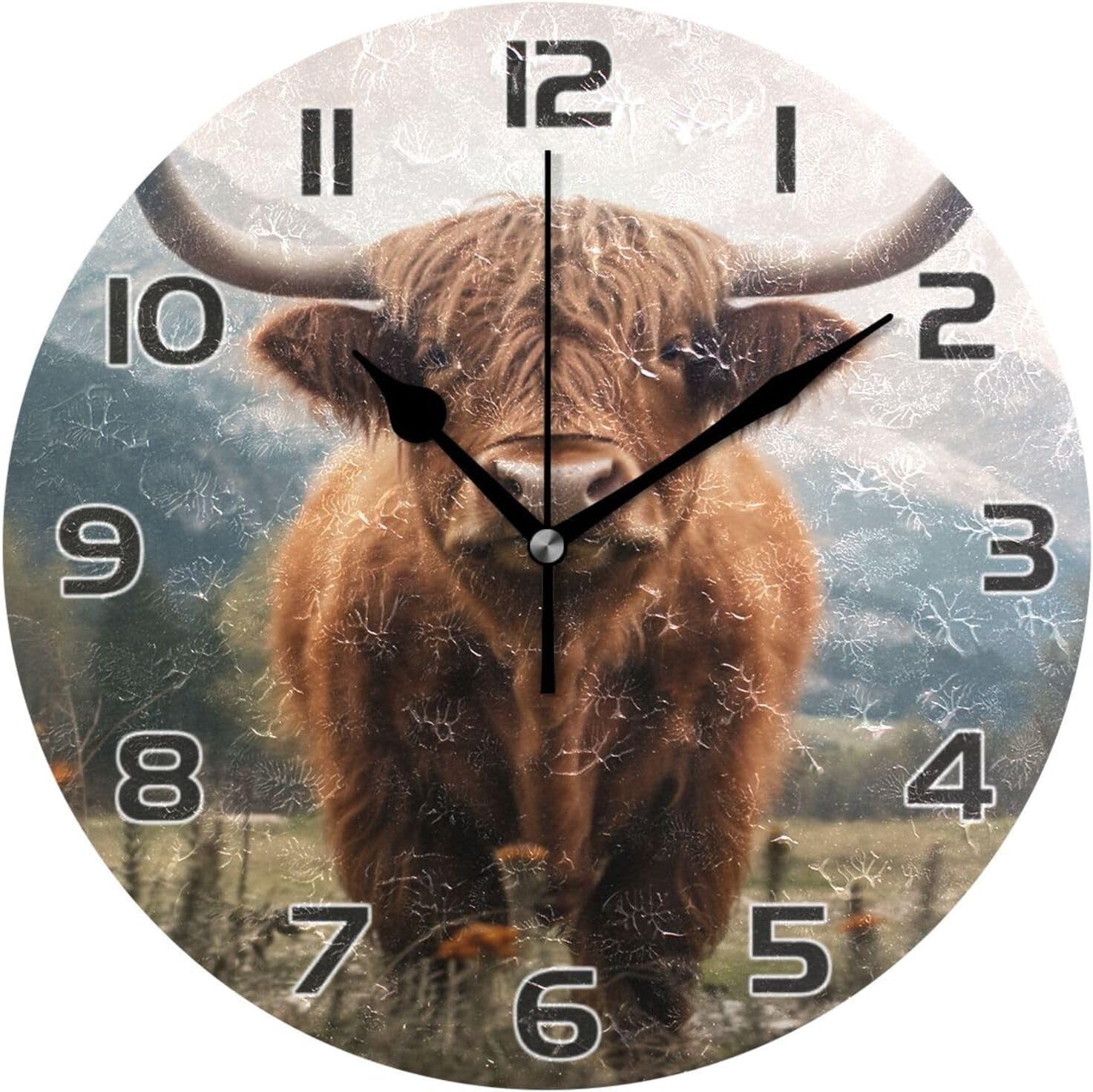 Highland Cow Wall Clock Round Vintage Silent Non Ticking Battery ...
