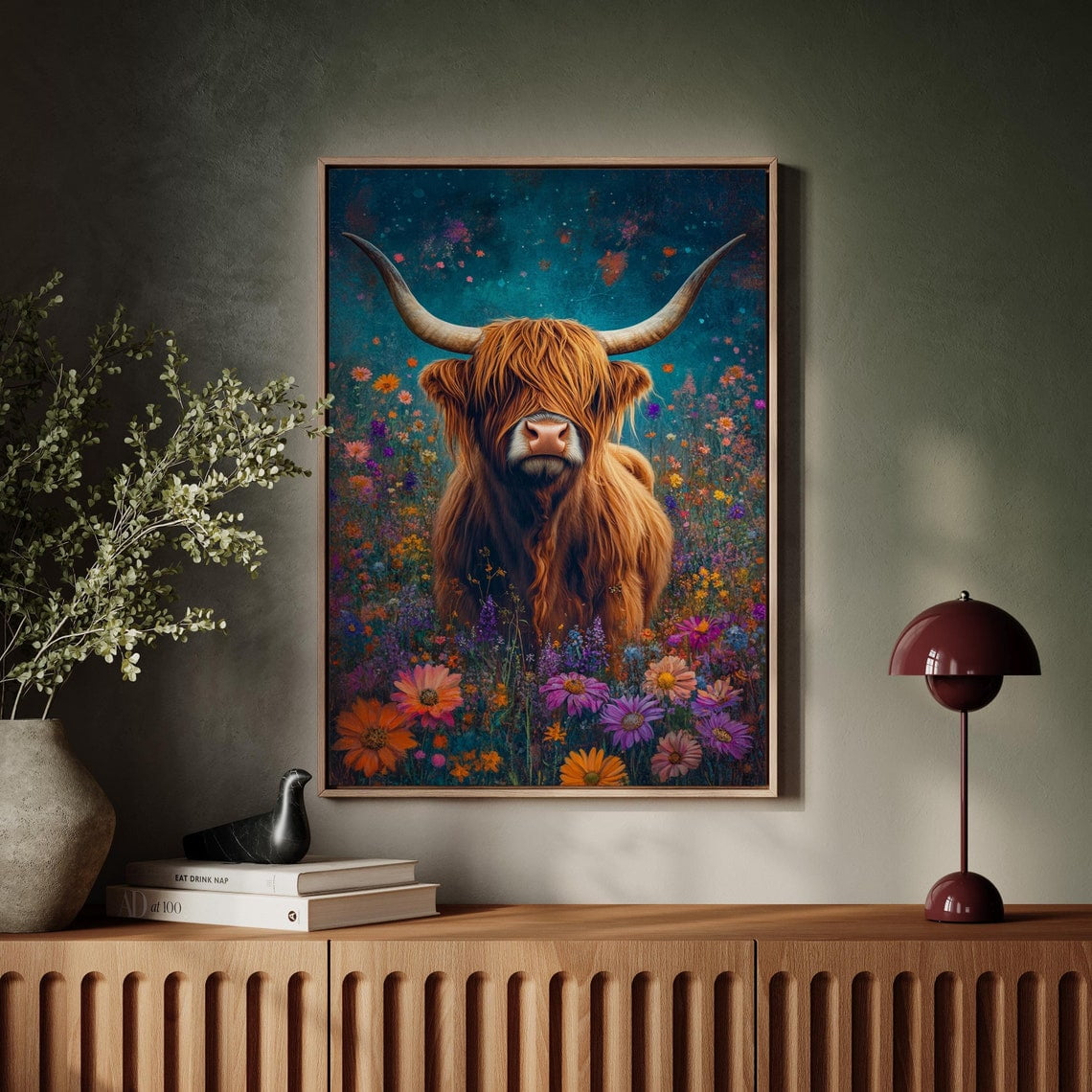 Highland Cow In Wildflower Meadow Rustic Farmhouse Wall Art, Vibrant ...