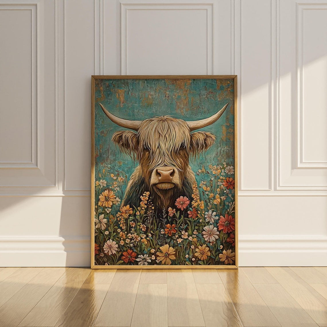 Highland Cow Wildflowers Poster Print Boho Style Vintage Wall Art ...