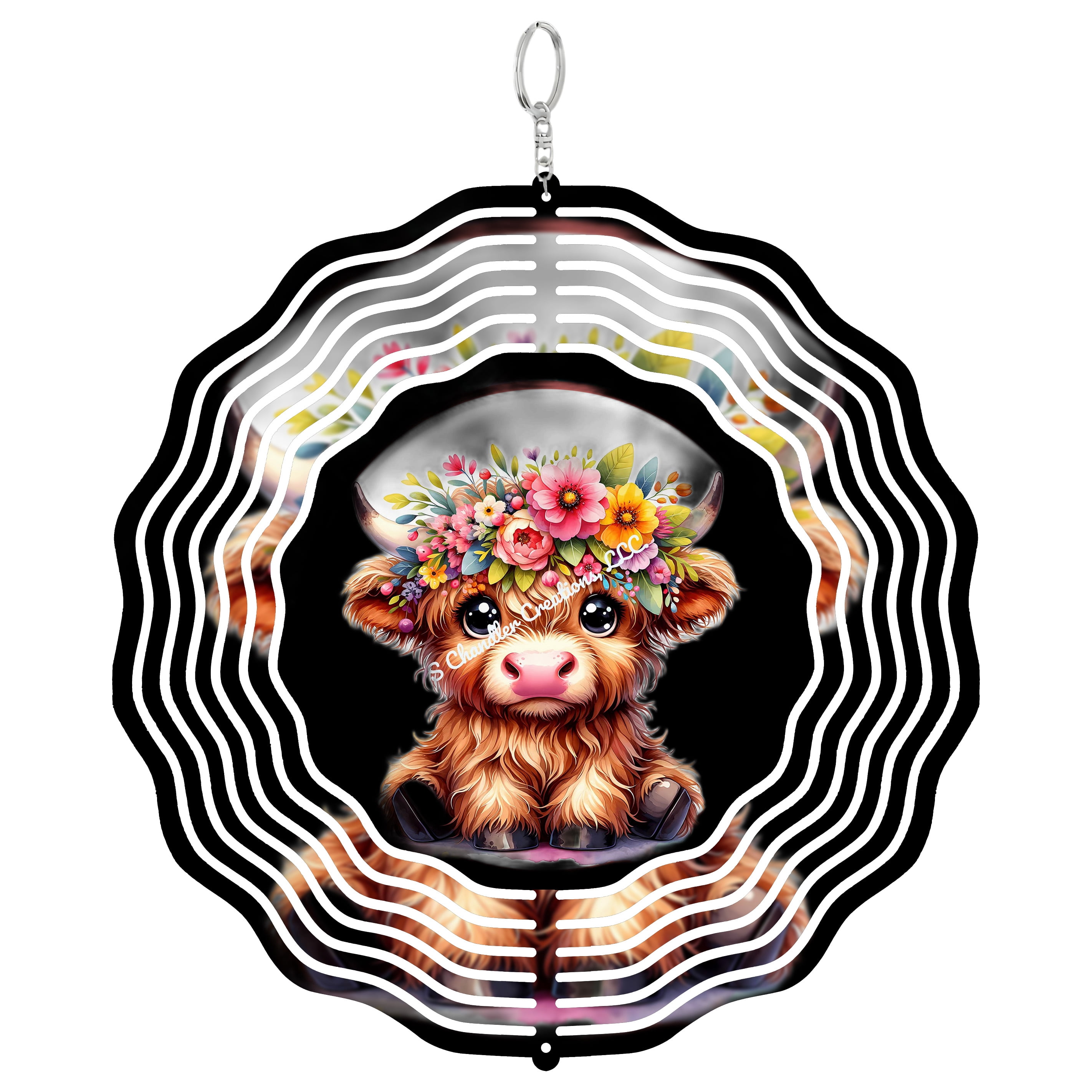 Highland Cow With Flowers 3D Wind Spinner, Spring Farm Animal Metal Art ...