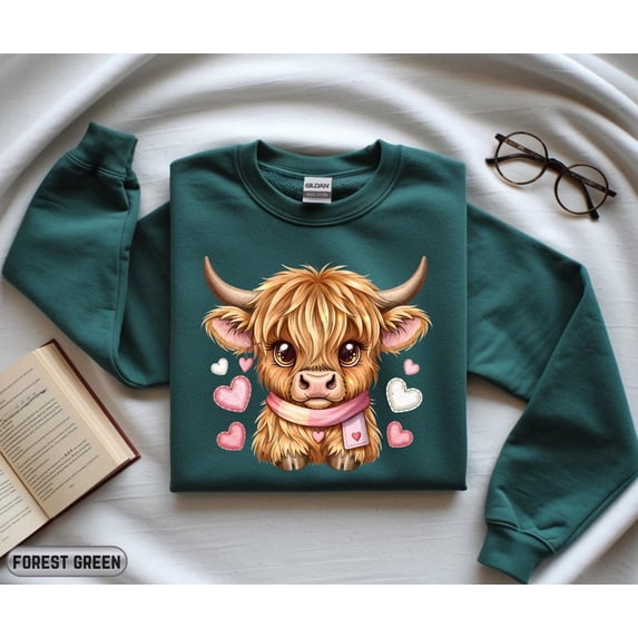 Highland Cow With Hearts Crewneck Sweatshirt Valentine Farm Animal ...