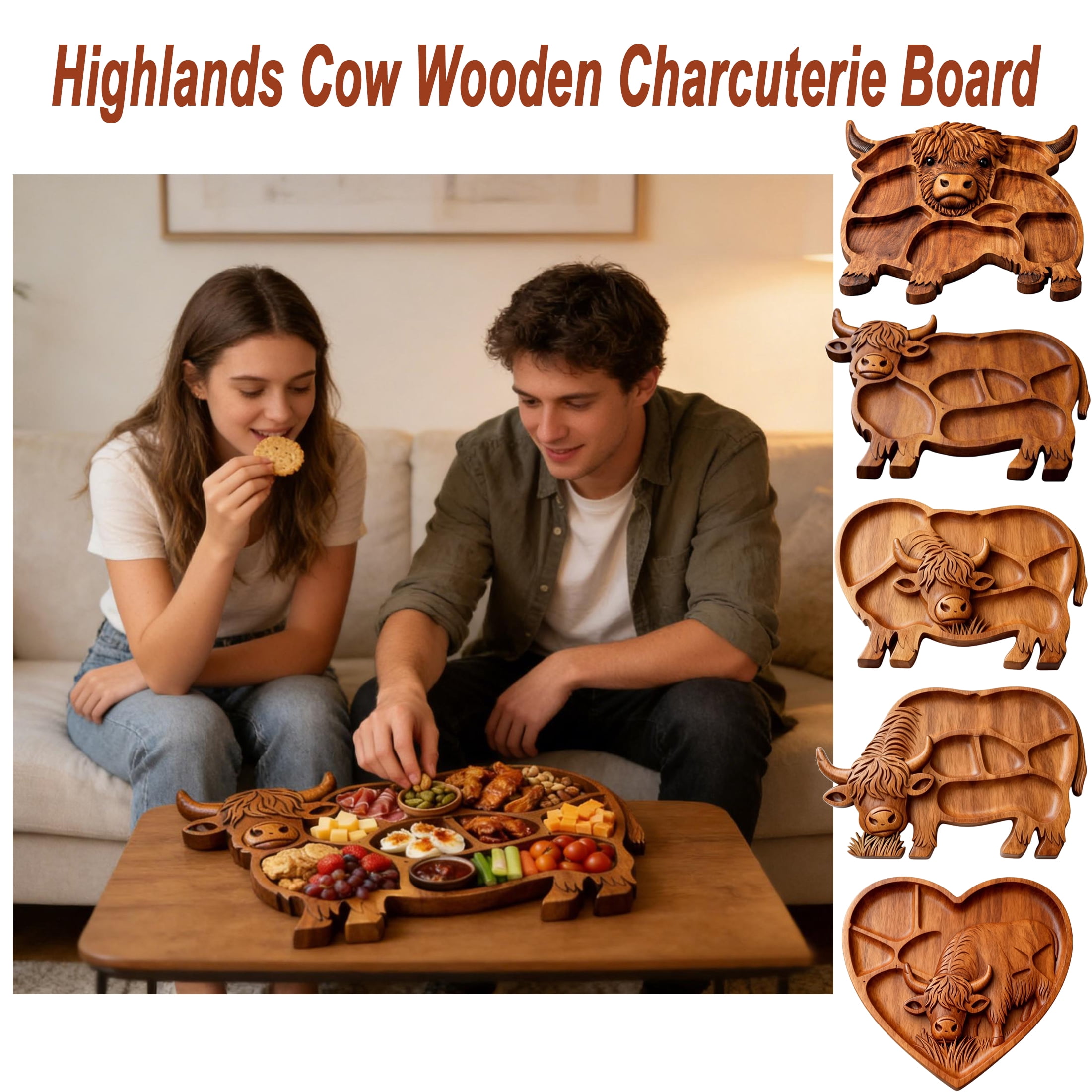 Highland Cow Wooden Charcuterie Board, Cute Cow Shaped Serving Tray ...