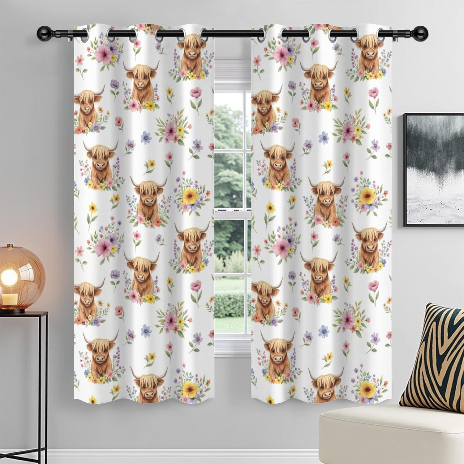 Highland Cow and Flower Print Blackout Curtains,Triple Weaved Fabric ...
