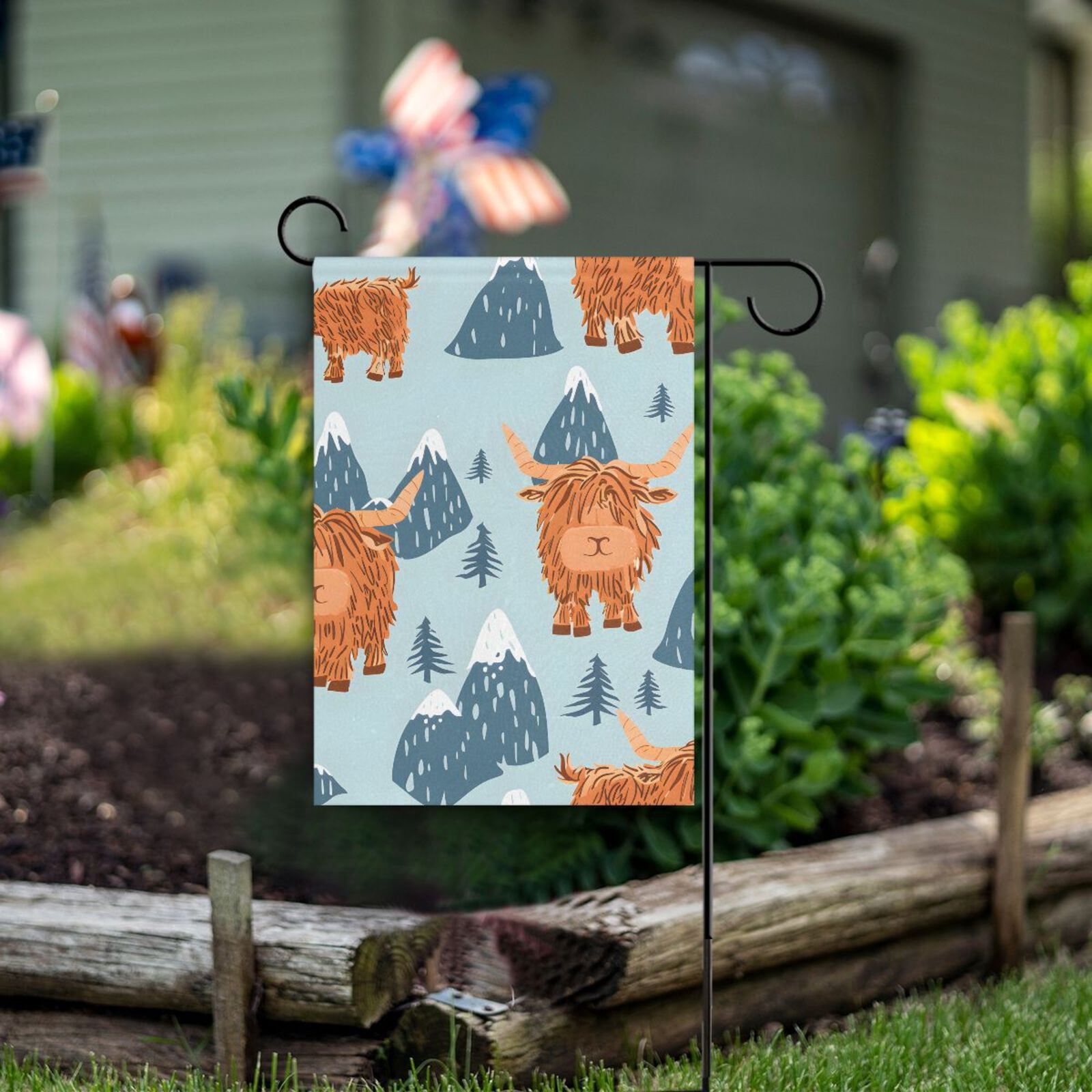 Highland Cow and Mountains Garden Flag Double Sided Outdoor Banners for ...