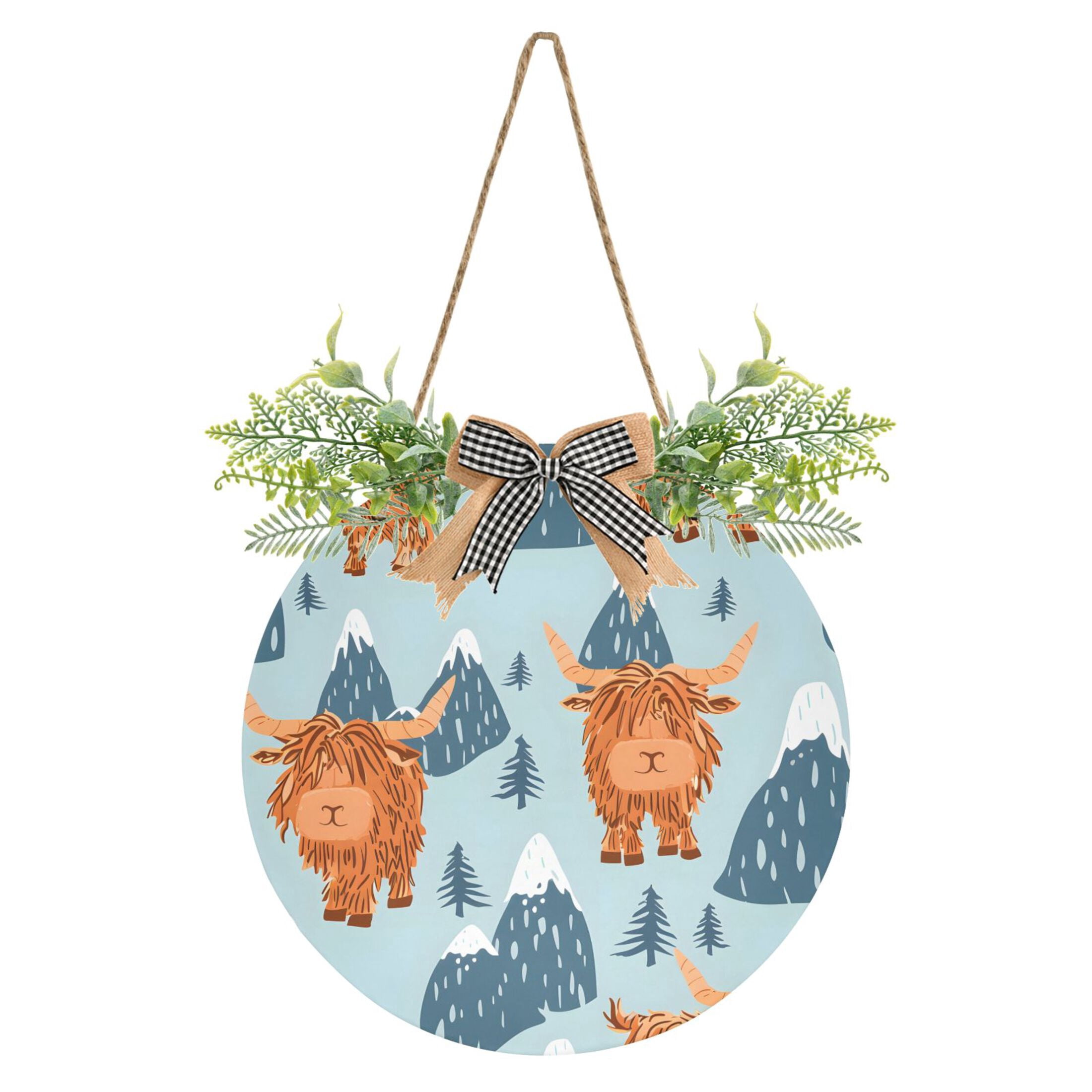 Highland Cow and Mountains Welcome Front Door Sign Round 12 inch Porch ...
