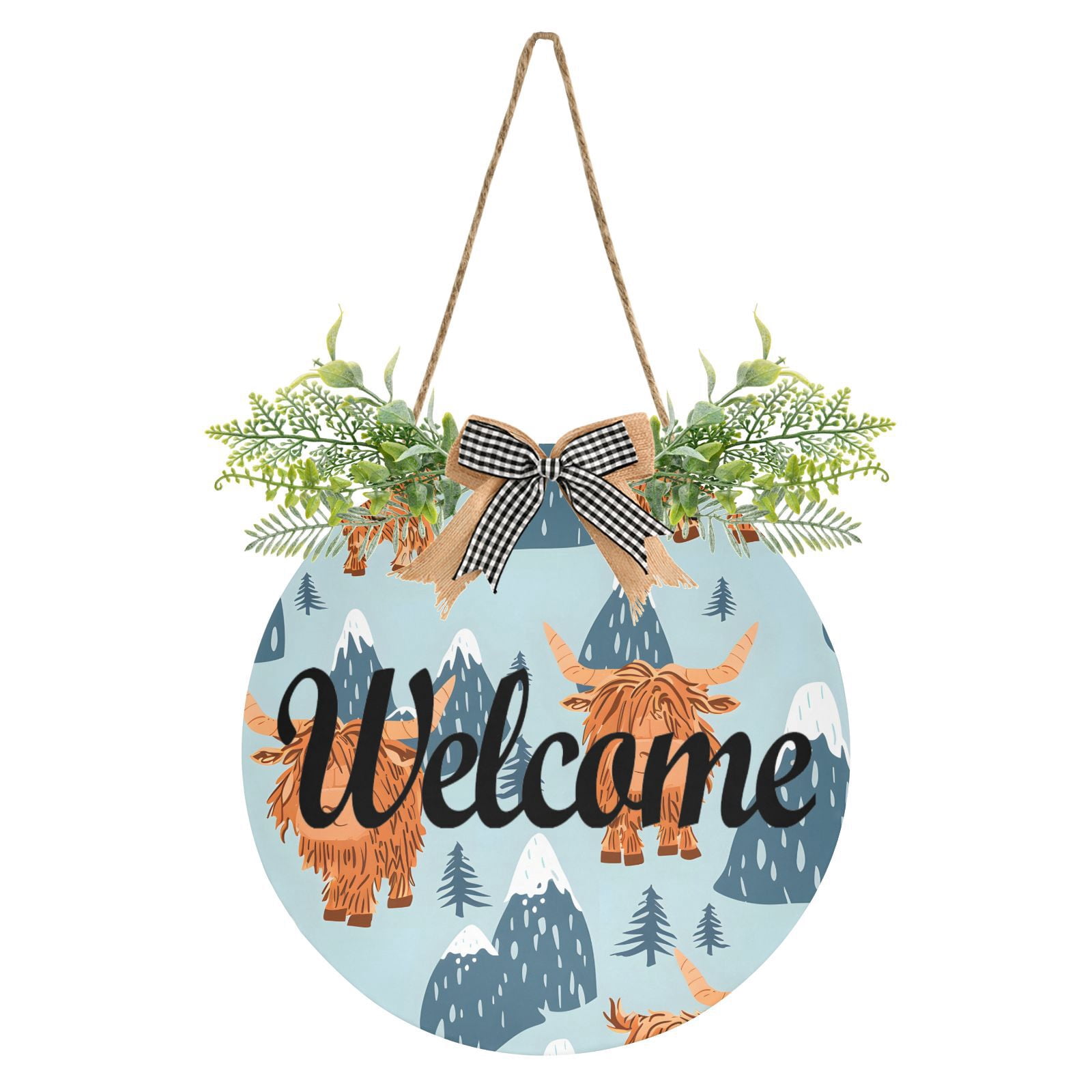 Highland Cow and Mountains Welcome Sign for Front Door Wreath Door Sign ...