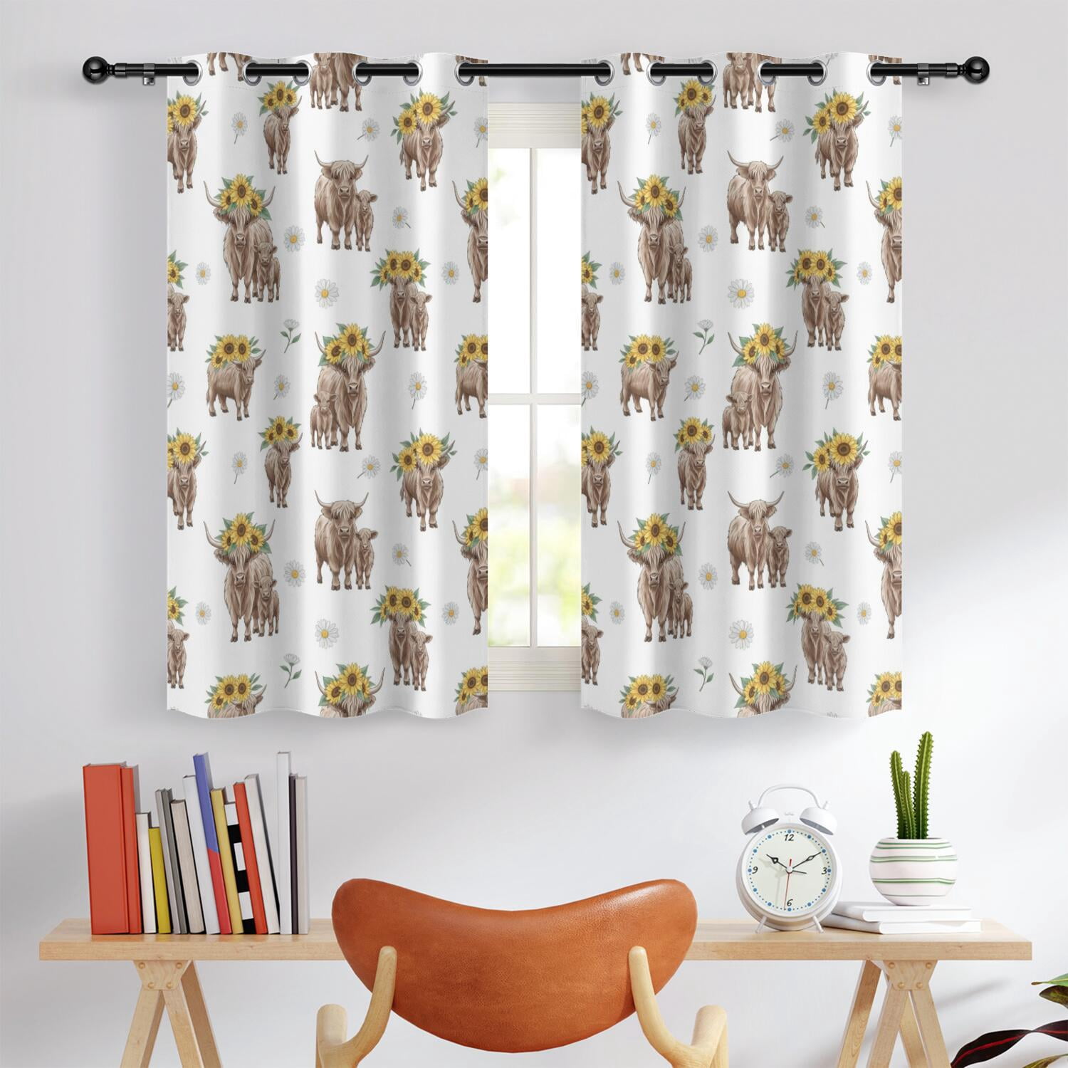 Highland Cow and Sunflower Print Blackout Curtains,Triple Weaved Fabric ...