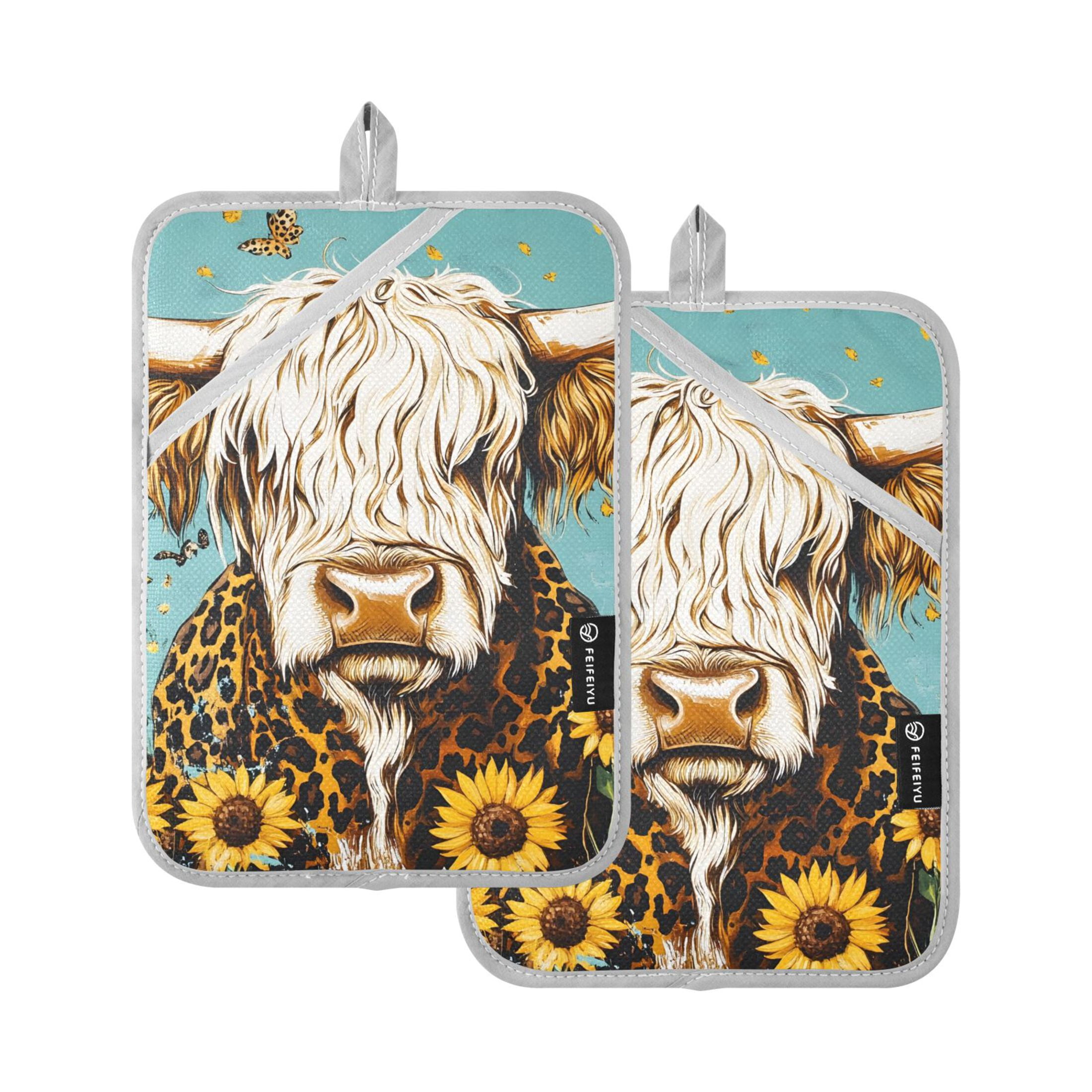 Highland Cow and Sunflowers Pot Holder Heat Resistant Mat Oven Hot Pads ...