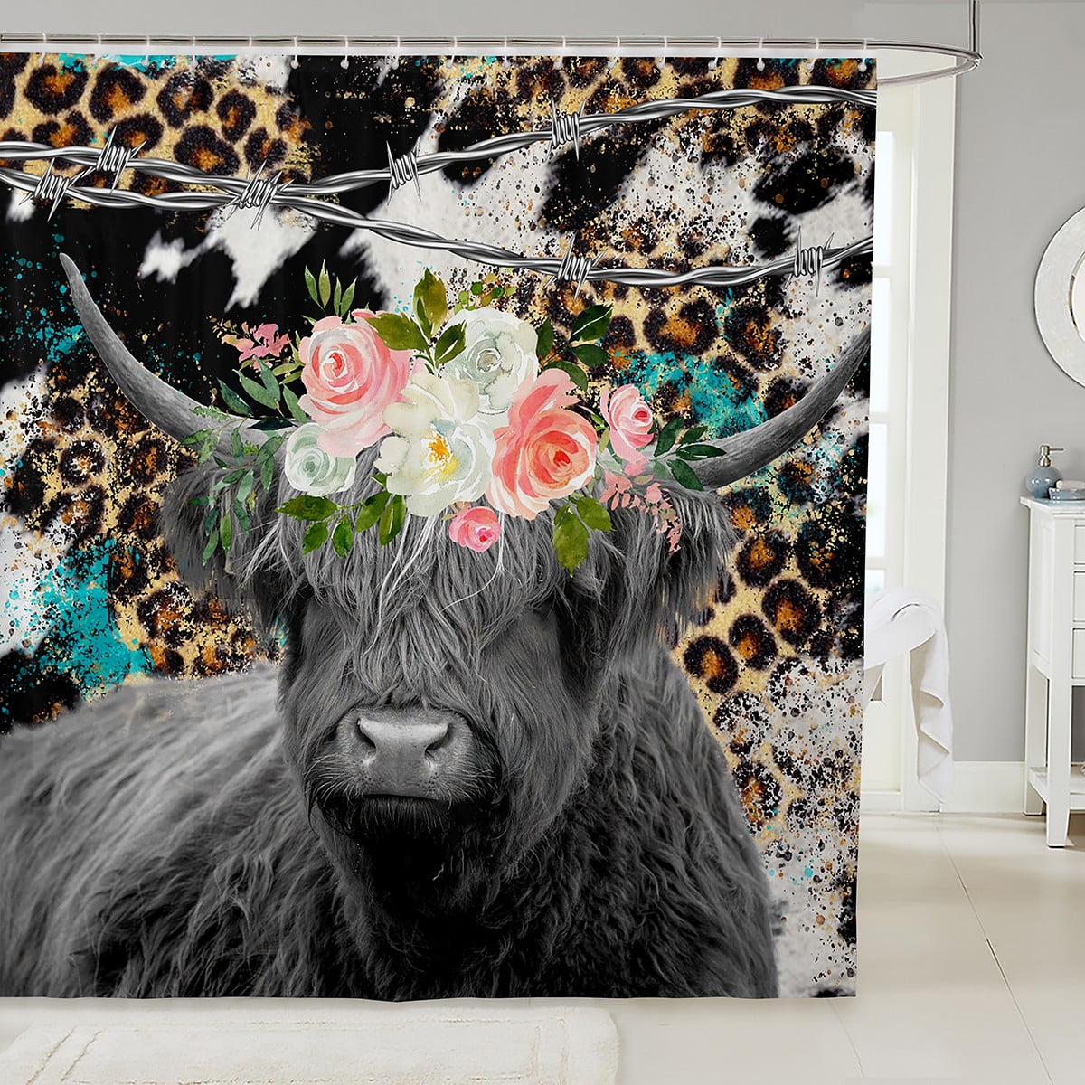 Highland Cow Shower Curtain Cowhide Leopard Print Bath Curtain,Western ...