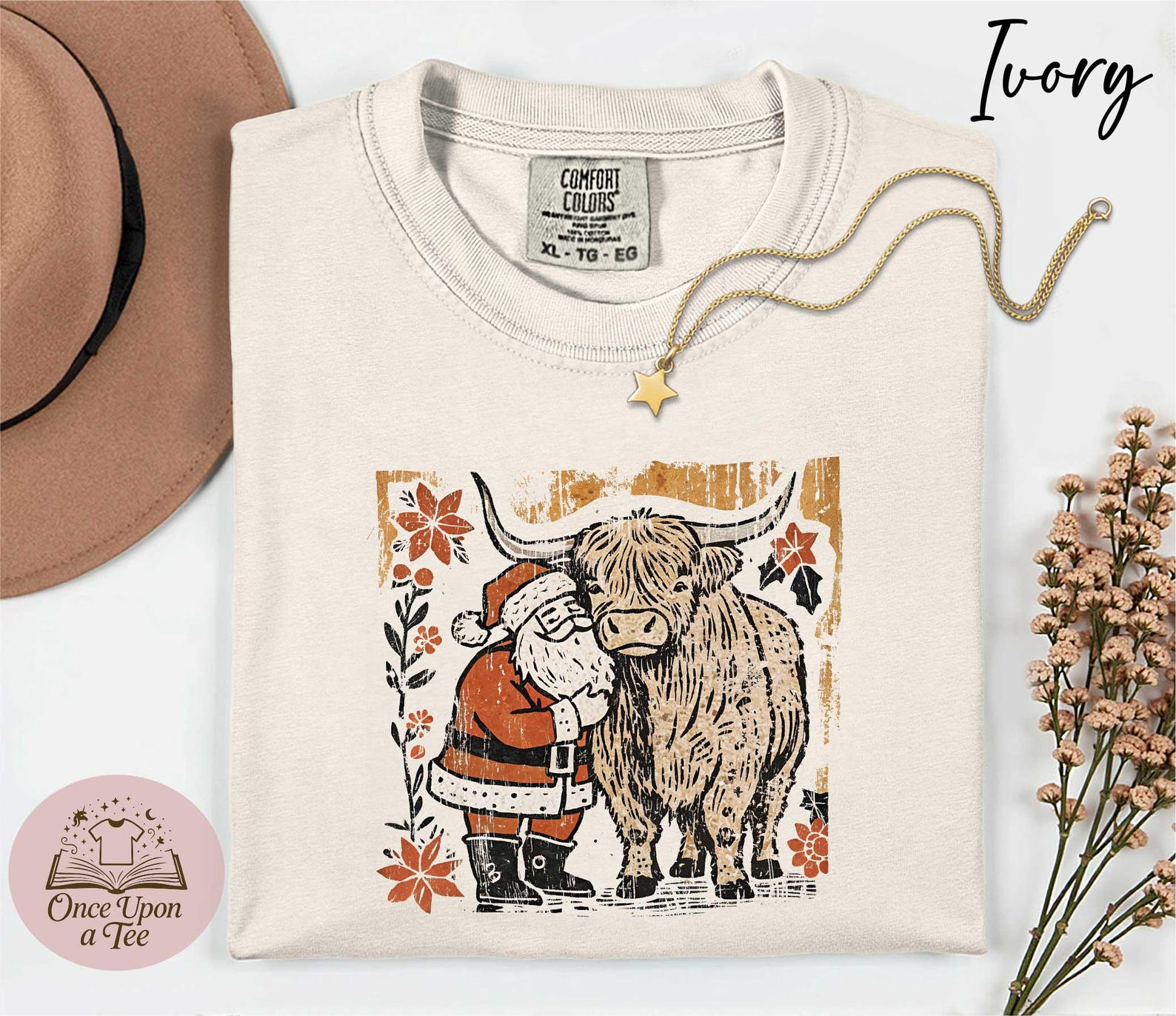 Highland Cow with Santa T-Shirt, Retro Highland Cow with Santa ...