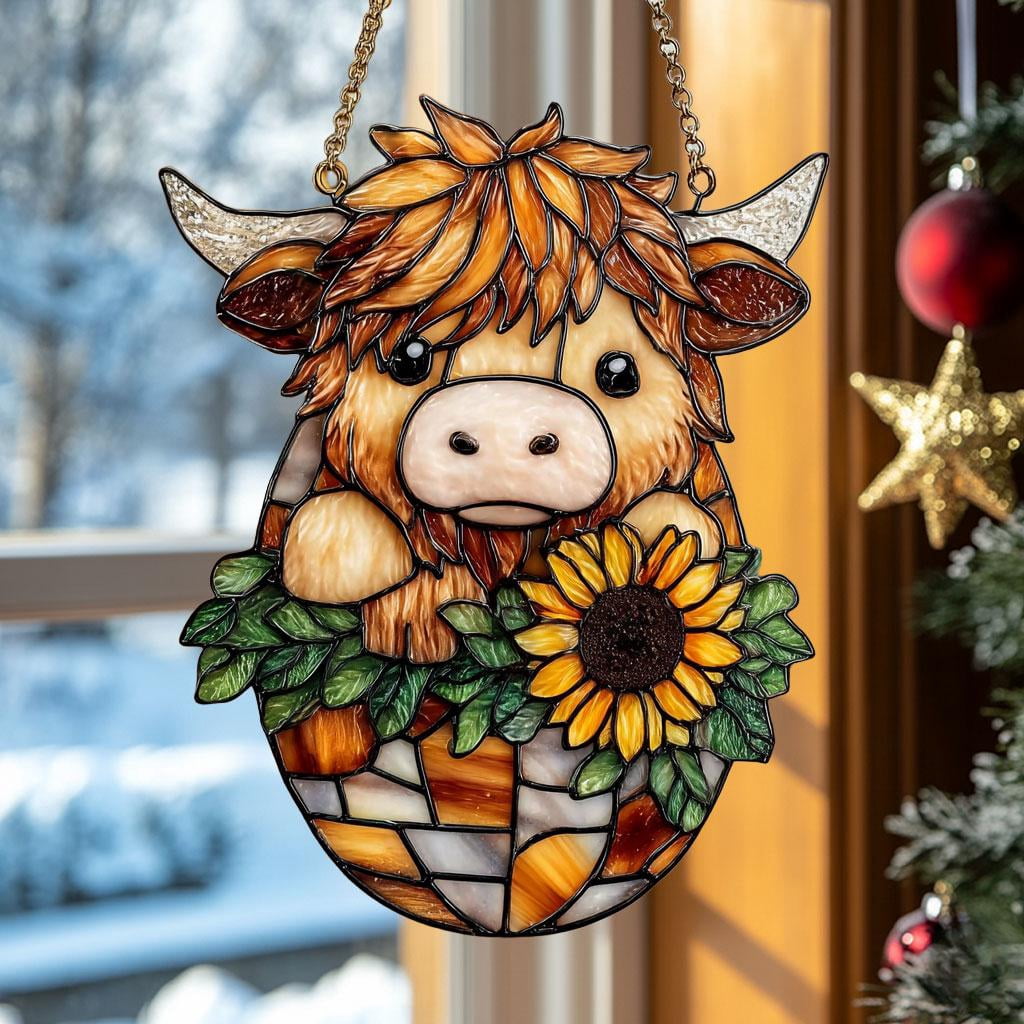 Highland Cow with Sunflower Acrylic Effect Suncatcher, Highland Cow ...