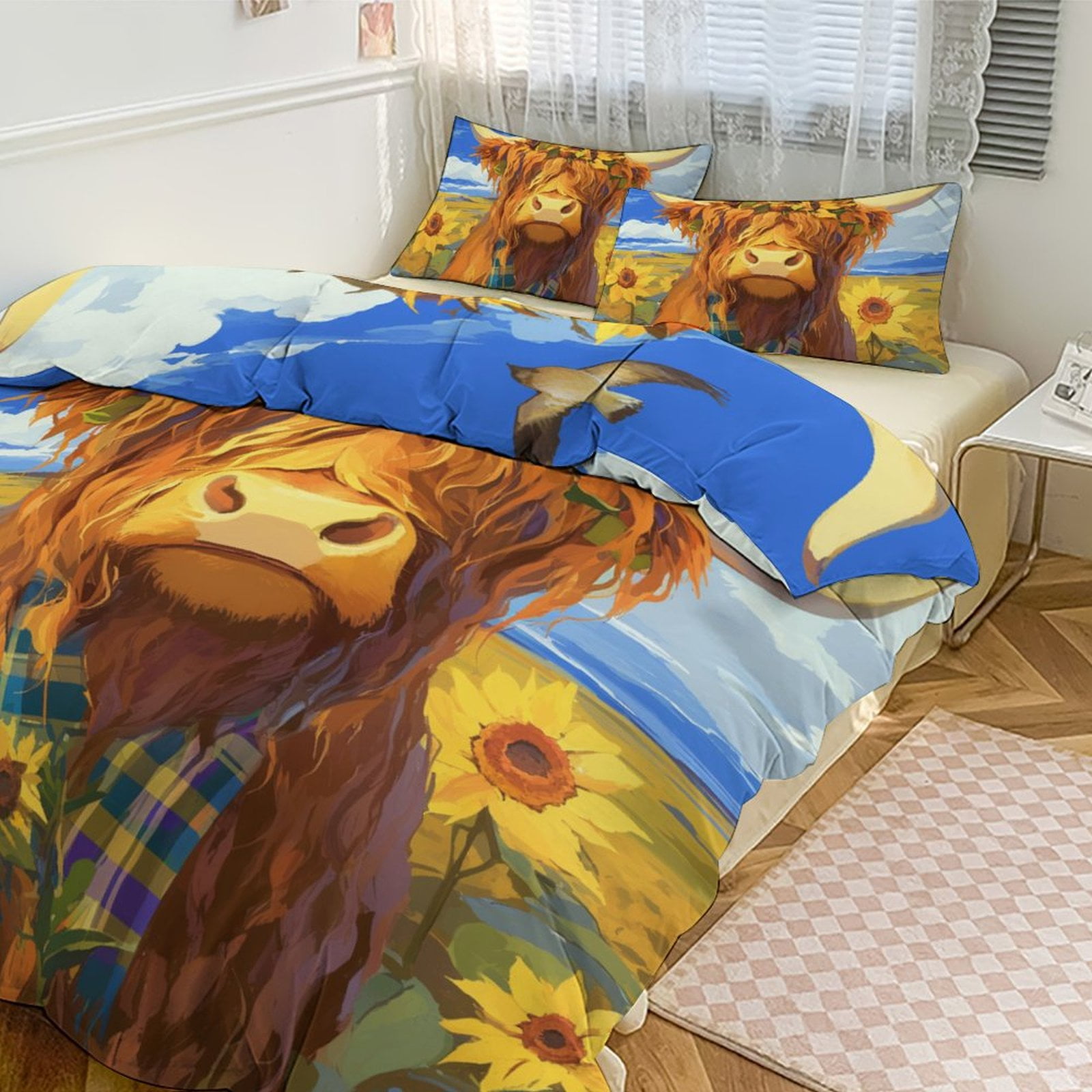 Highland Cow with Sunflowers 3 Pcs Soft Bedding Set, Includes 1 Duvet ...