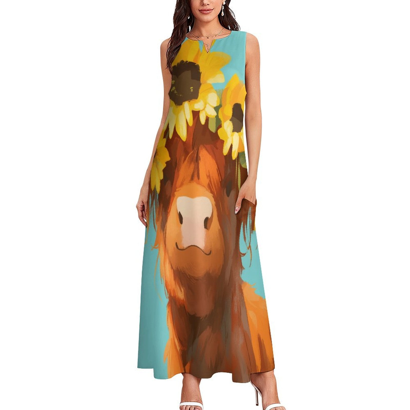 Highland Cow with Sunflowers Long Dress Female Clothing Prom Dress ...