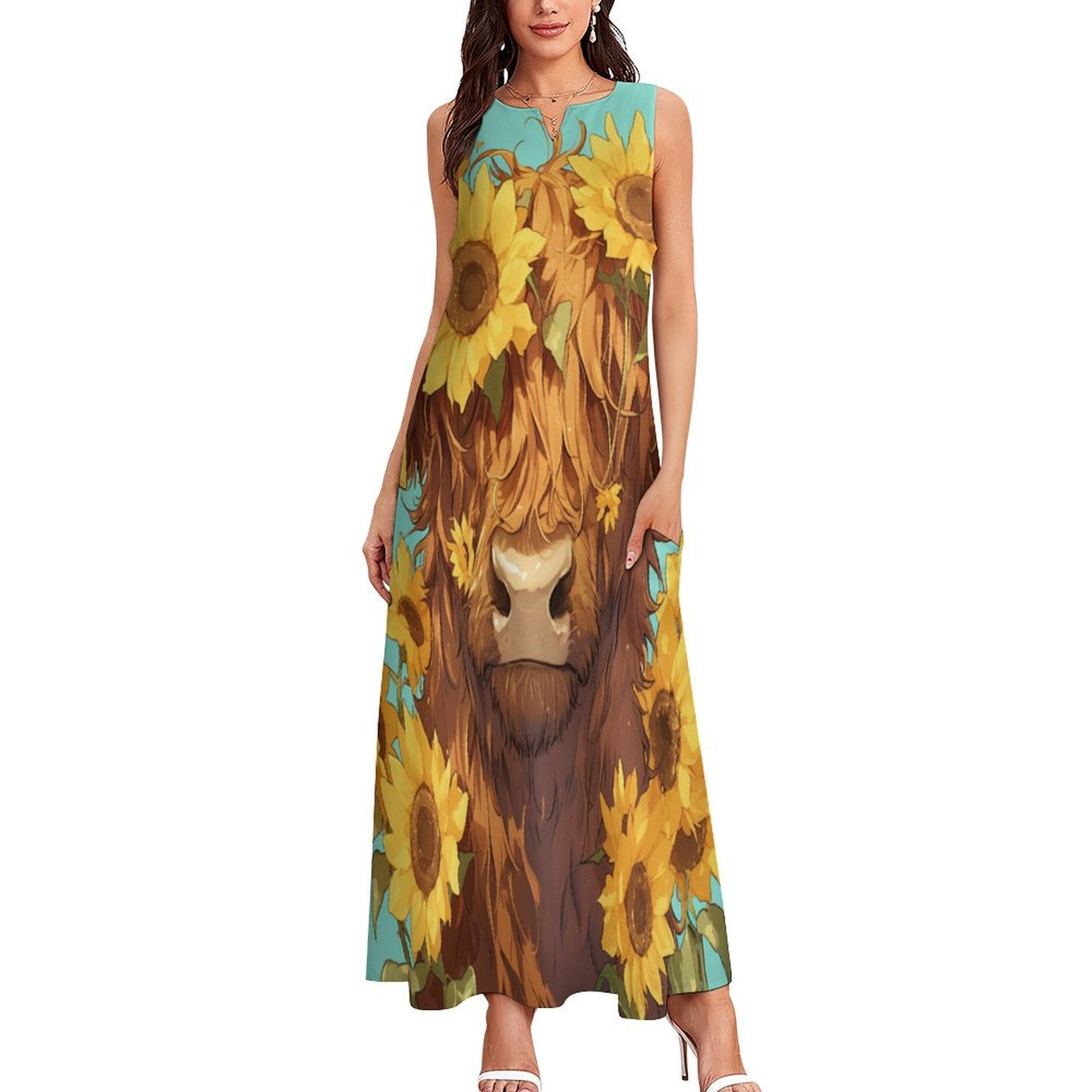 Highland Cow with Sunflowers Long Dress Female Clothing Prom Dress ...