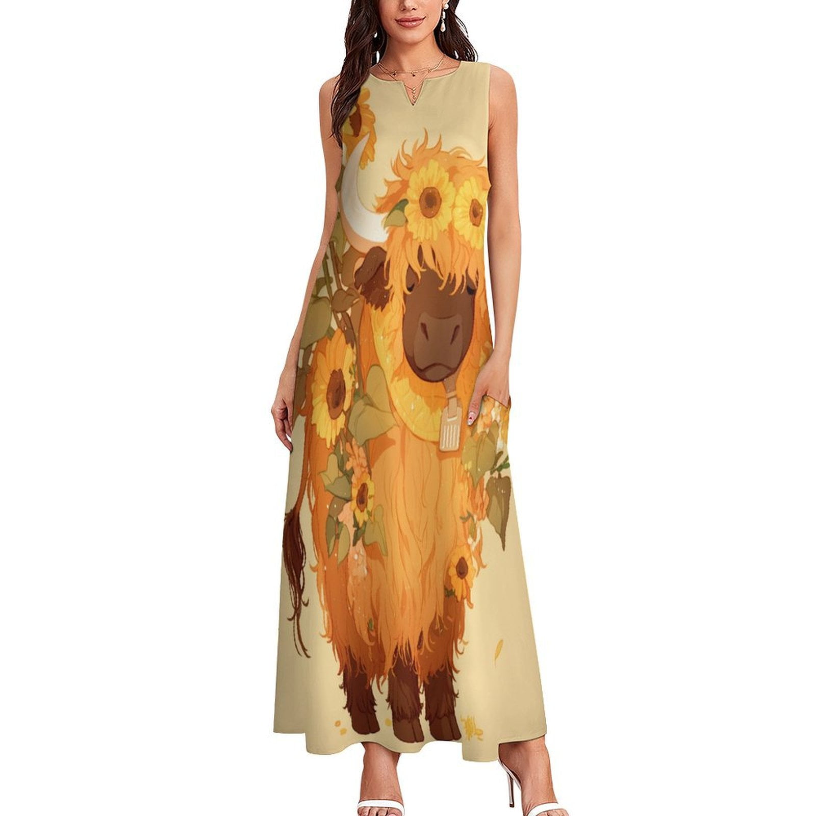 Highland Cow with Sunflowers Long Dress Female Clothing Prom Dress ...