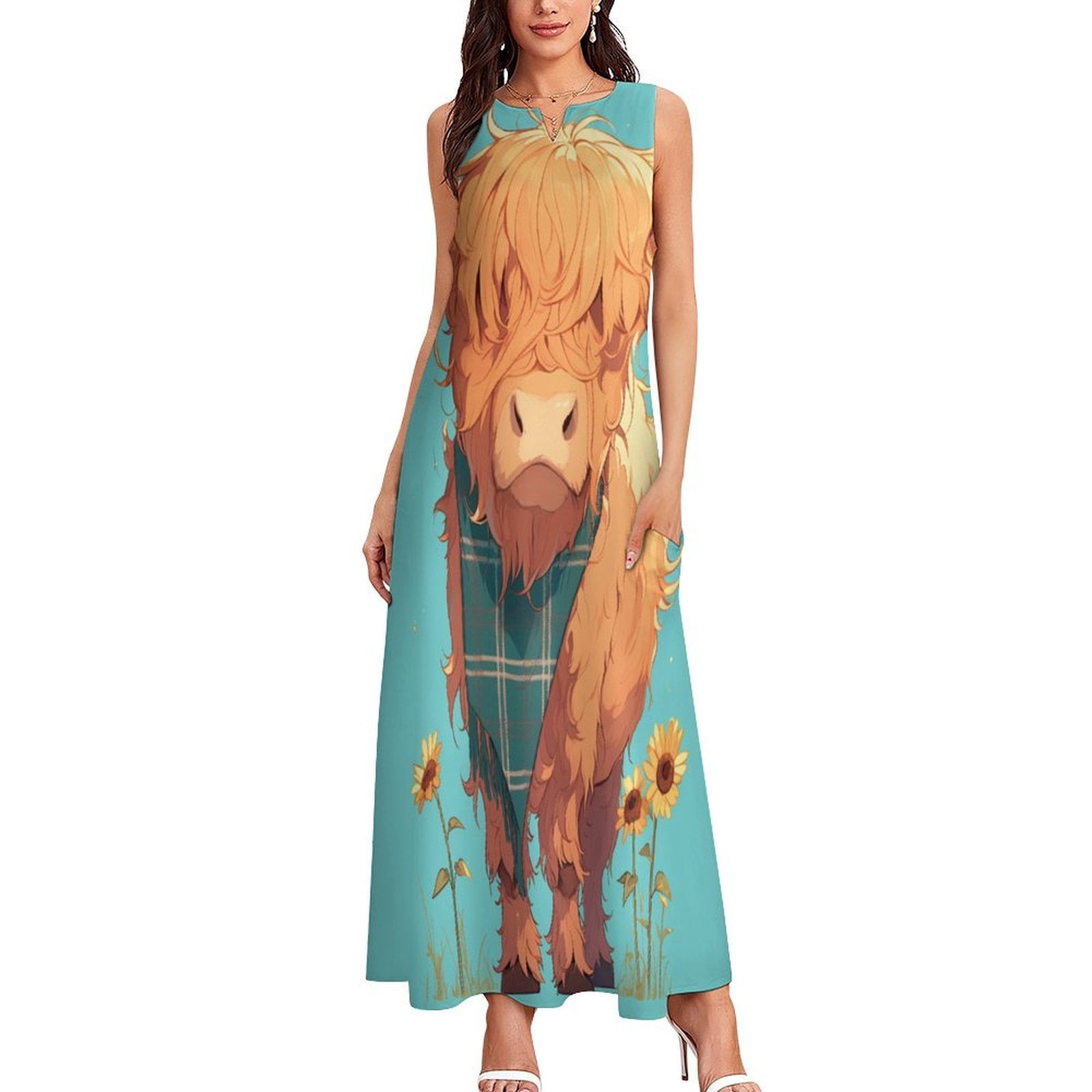 Highland Cow with Sunflowers Long Dress Luxury Woman Evening Dress Long ...